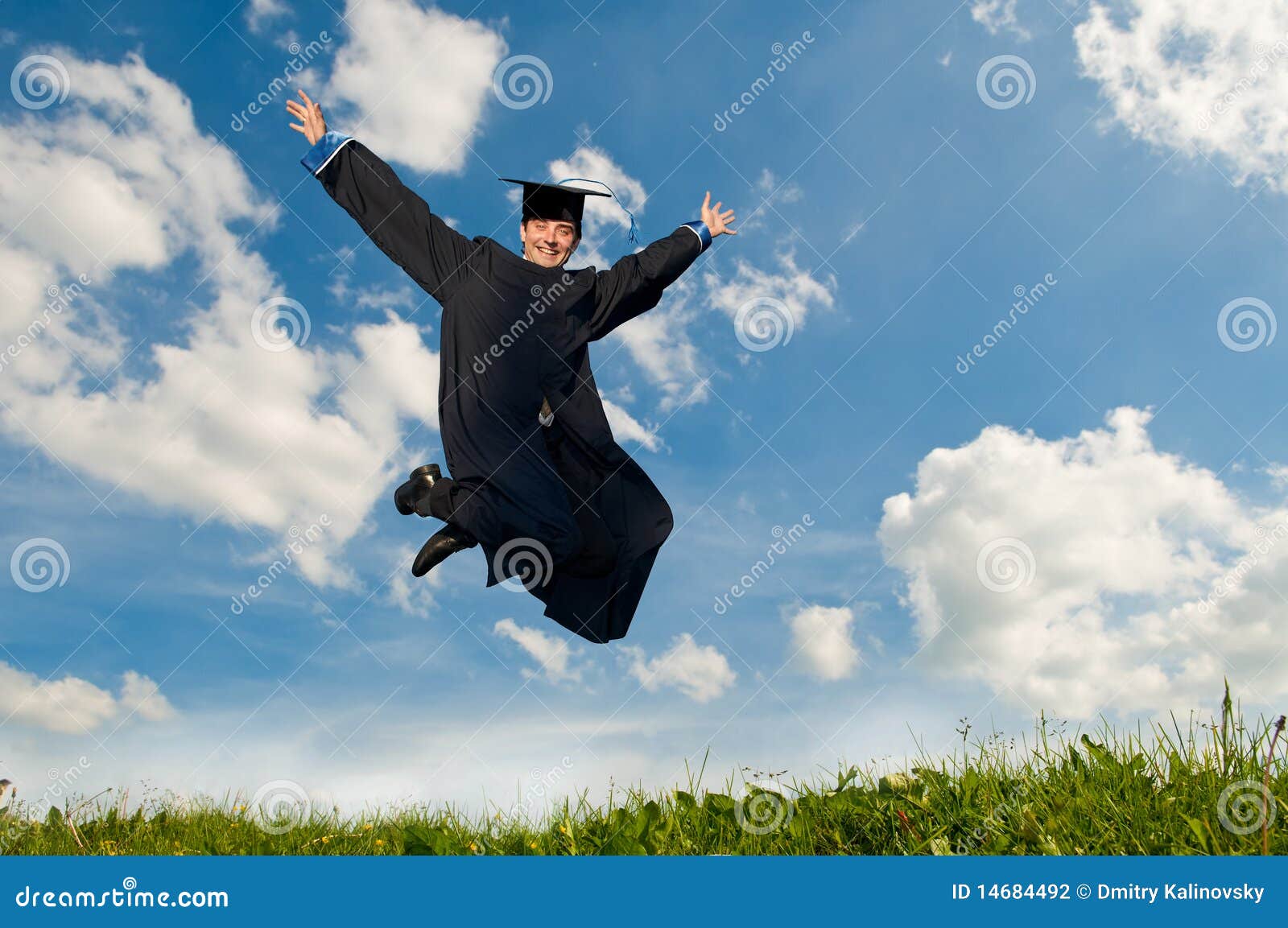 Happy Jumping Graduate Outdoors Stock Photo - Image of handsome, laugh ...