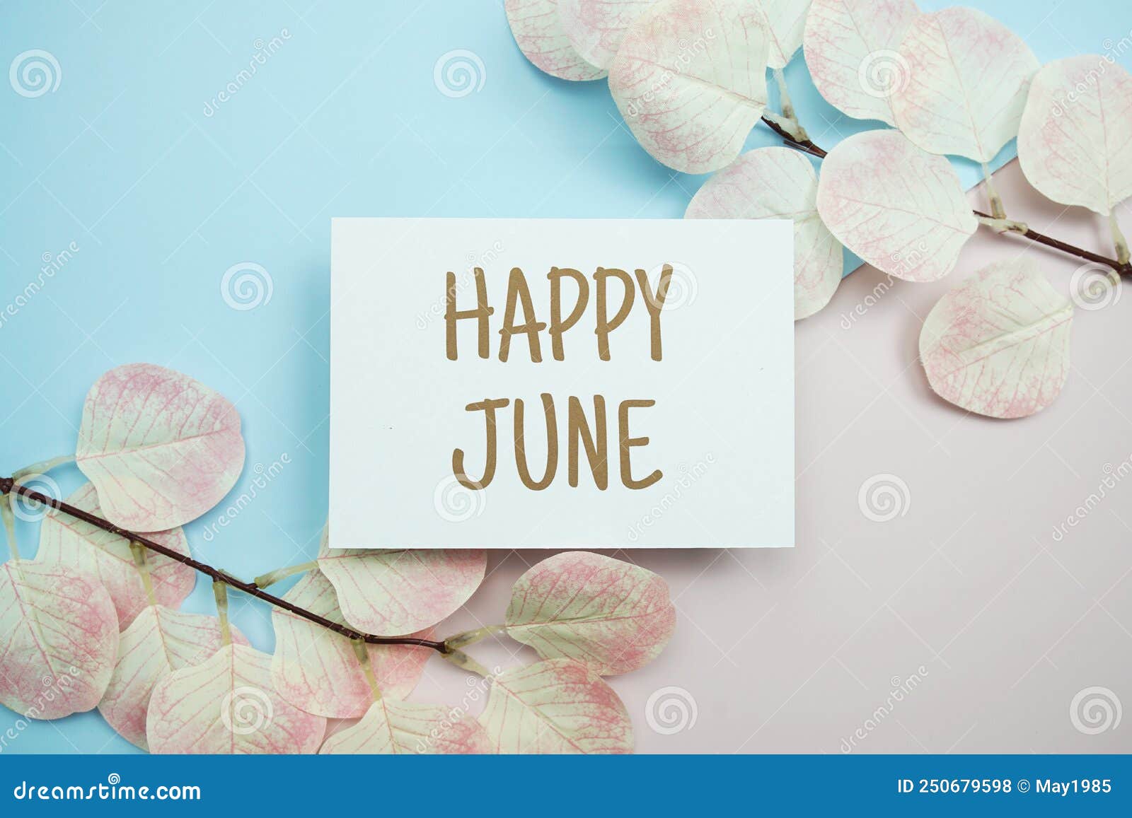 Happy June Text Message with Artificial Leave on Blue and Pink ...
