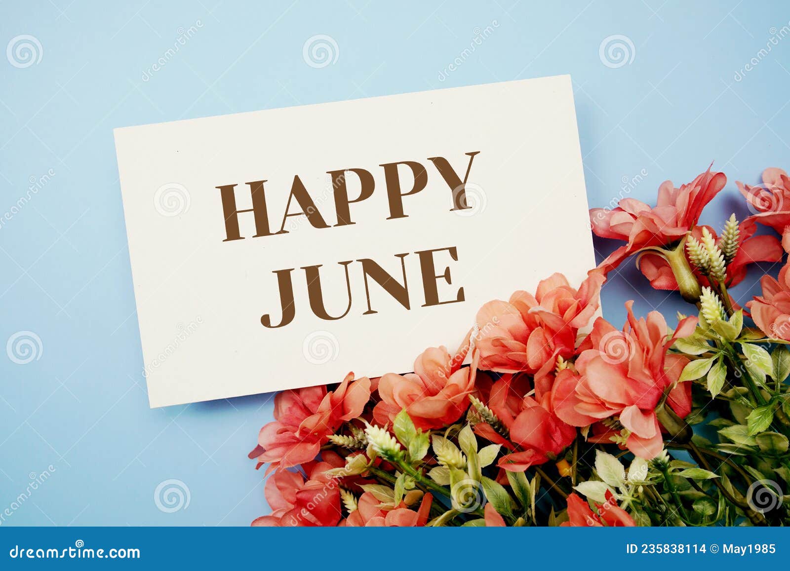 Happy June Text with Flower Frame on Blue Background Stock Photo ...