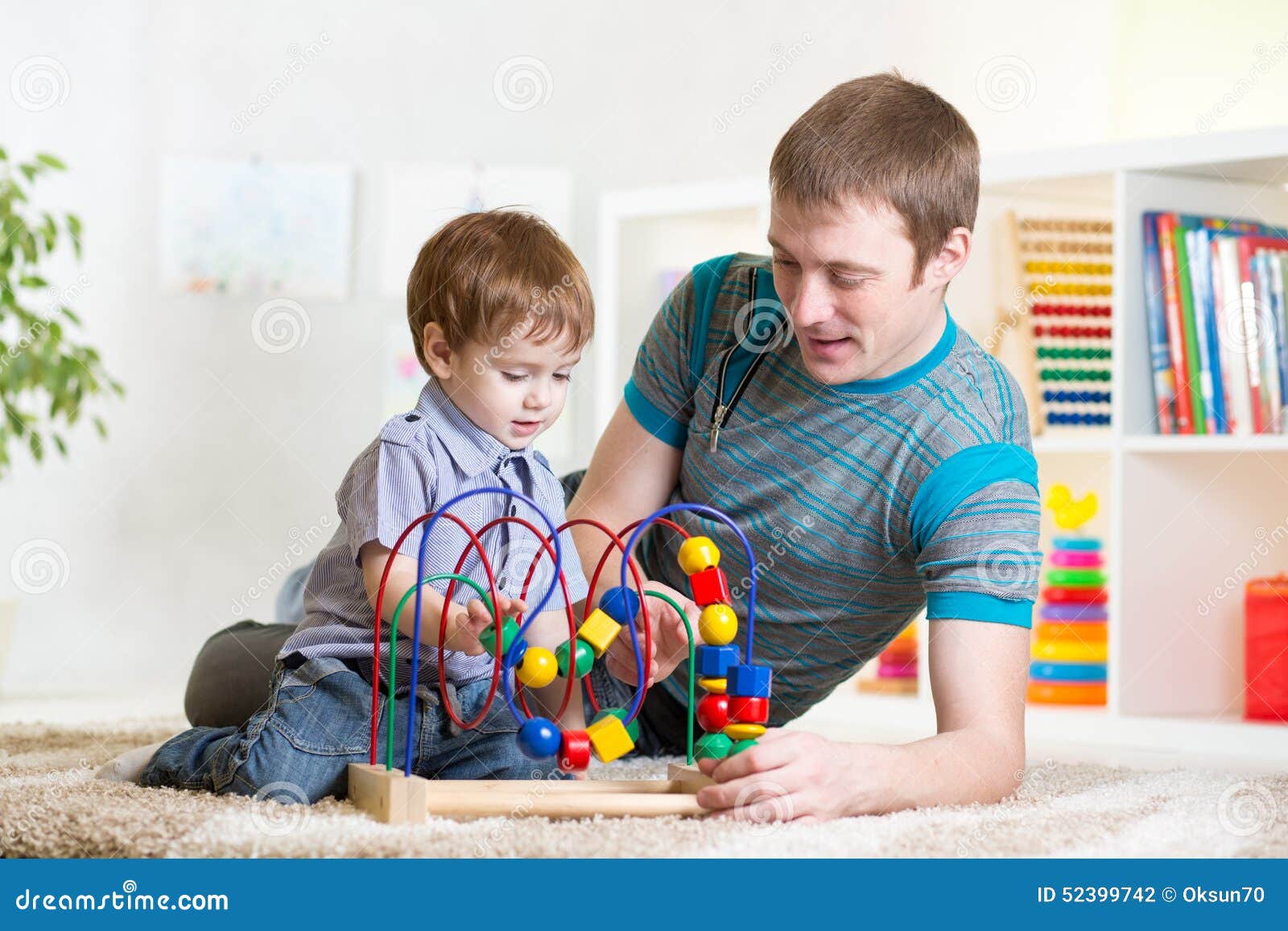 Happy Kid Boy and Dad Playing Toy Stock Photo - Image of father ...