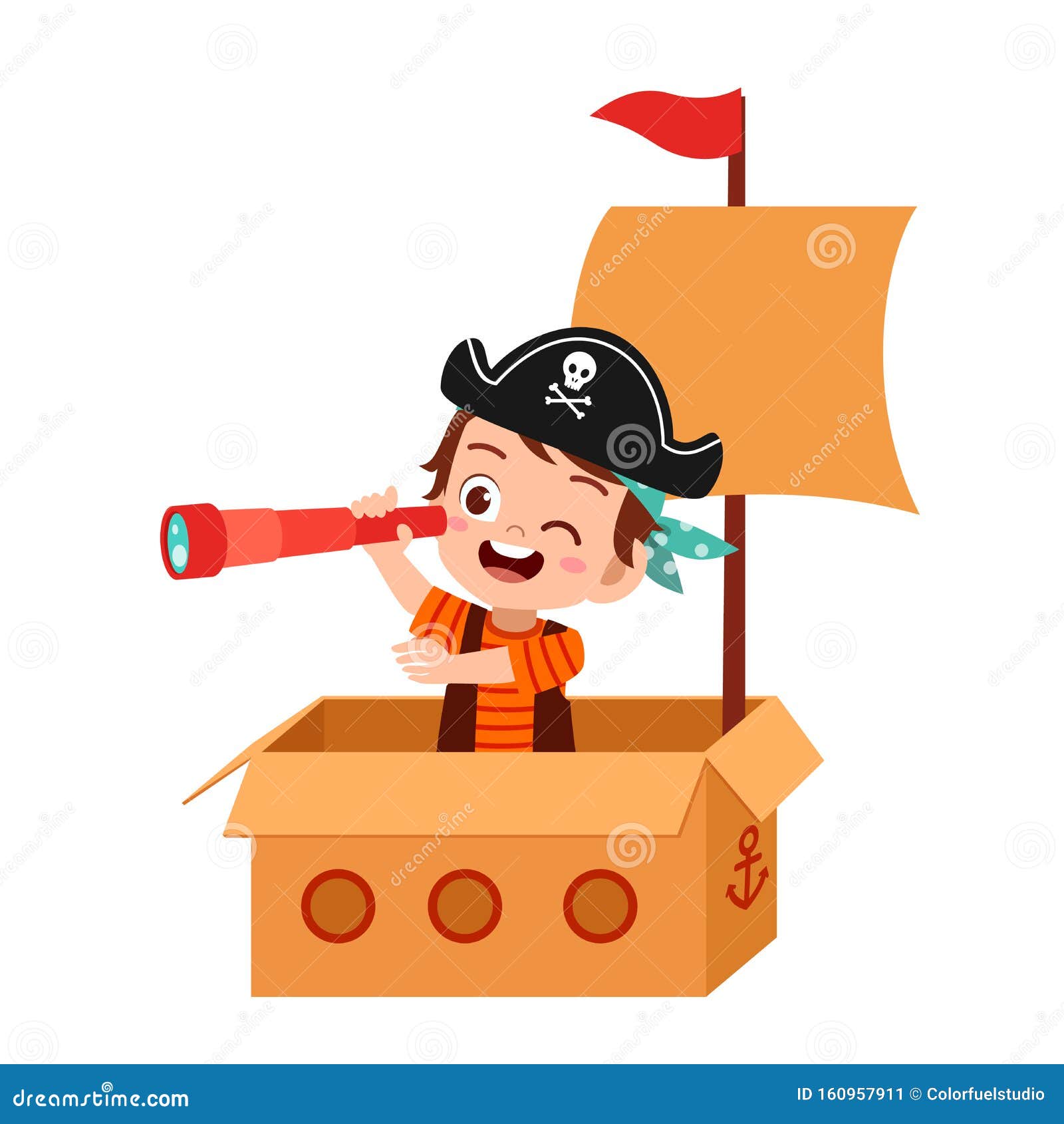 Happy Kid Boy Play Toy Ship Cardboard Stock Vector - Illustration of ...