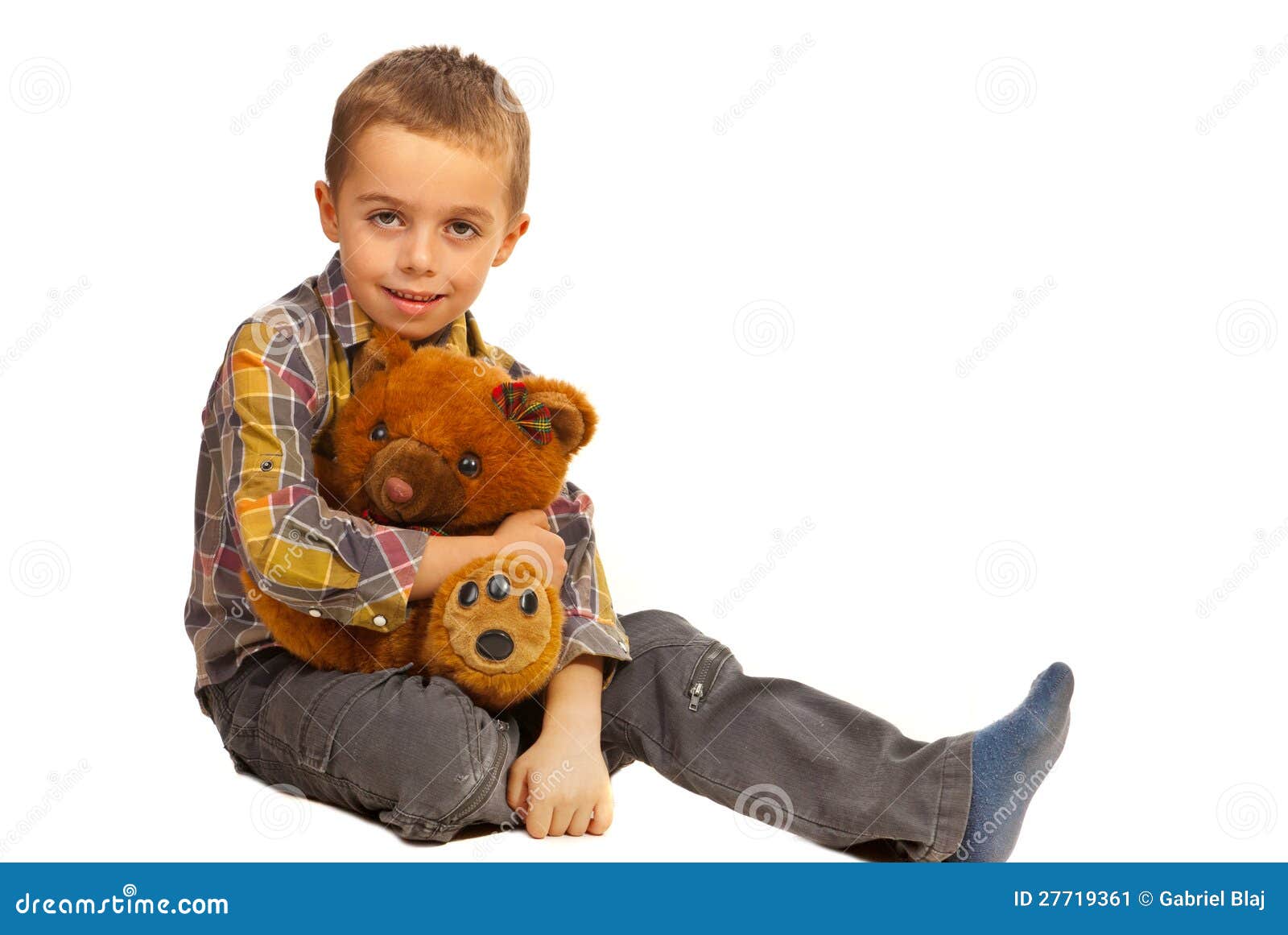Happy Kid Boy with Plush Bear Stock Image - Image of embracing ...