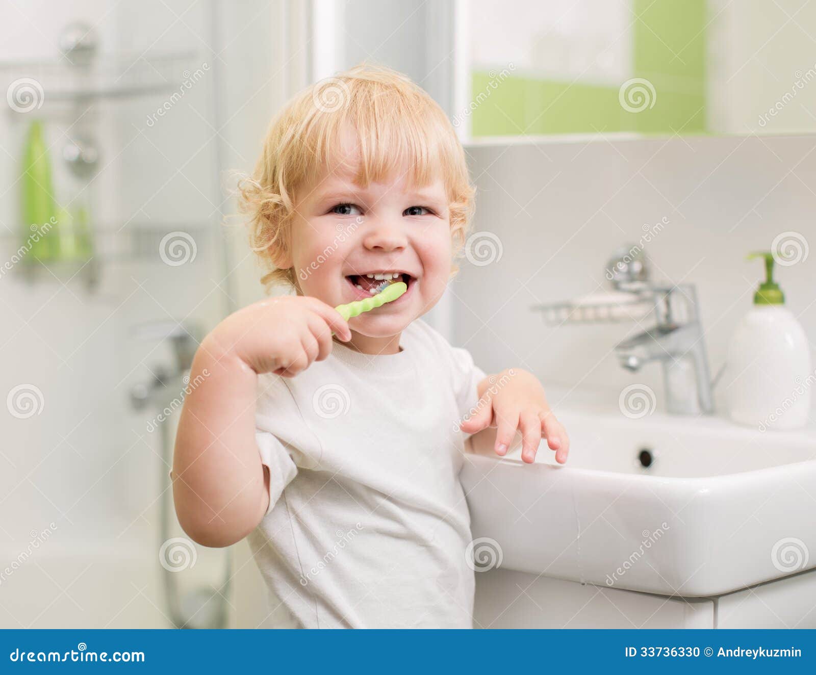 Happy Kid Brushing Teeth in Bathroom Stock Photo - Image of care, happy ...