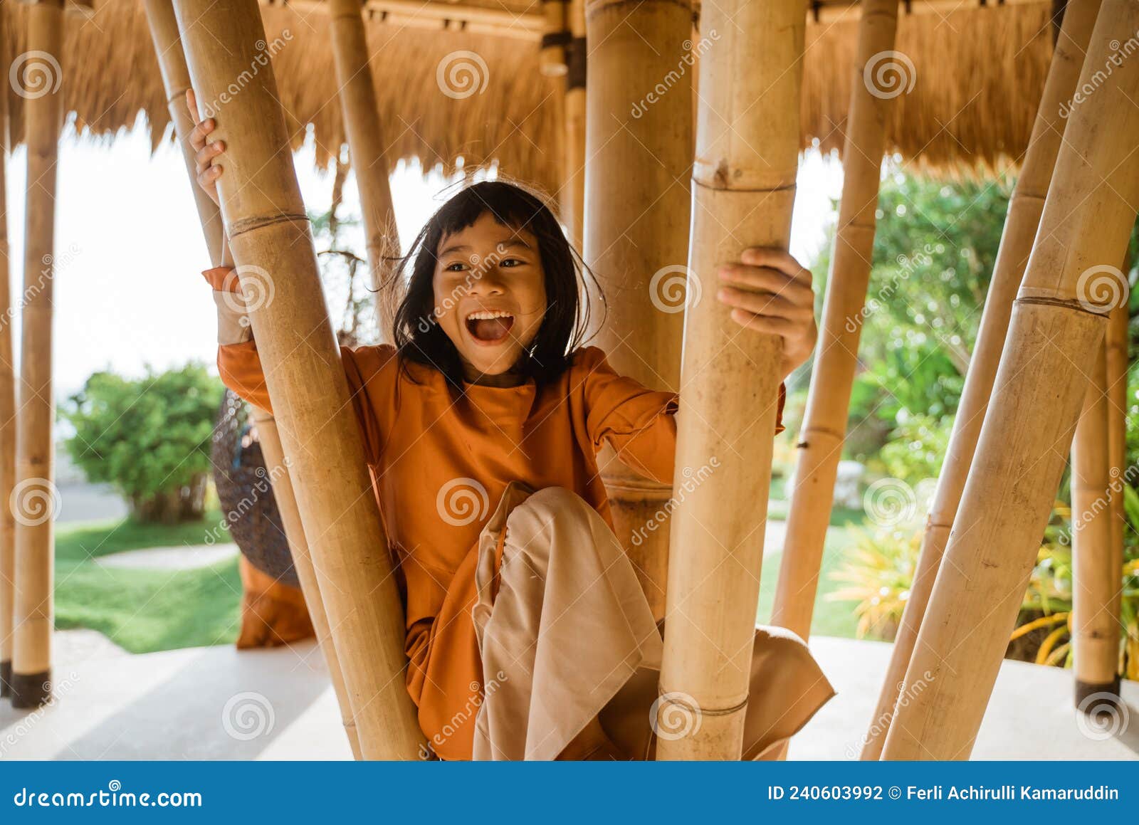 Happy Kid Happy Climbing on Bamboo Pole Stock Photo - Image of ...