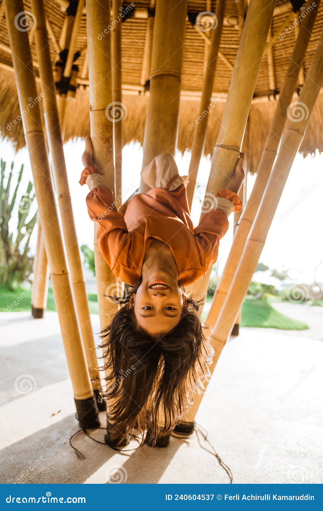 Happy Kid Happy Climbing on Bamboo Pole Stock Image - Image of outdoors ...