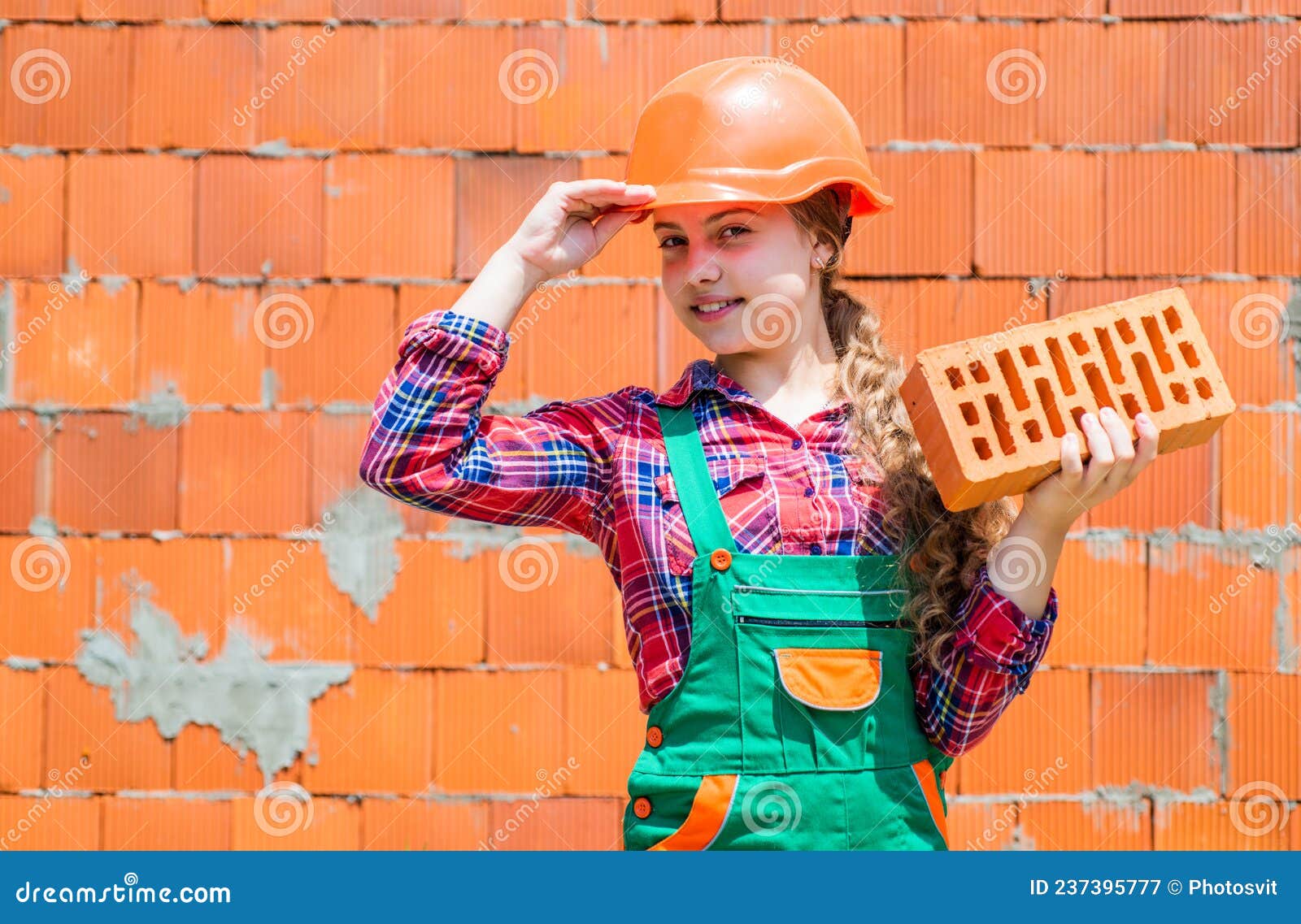 Happy Kid Engineer with Brick in Hard Hat, Bricklayer Stock Image ...