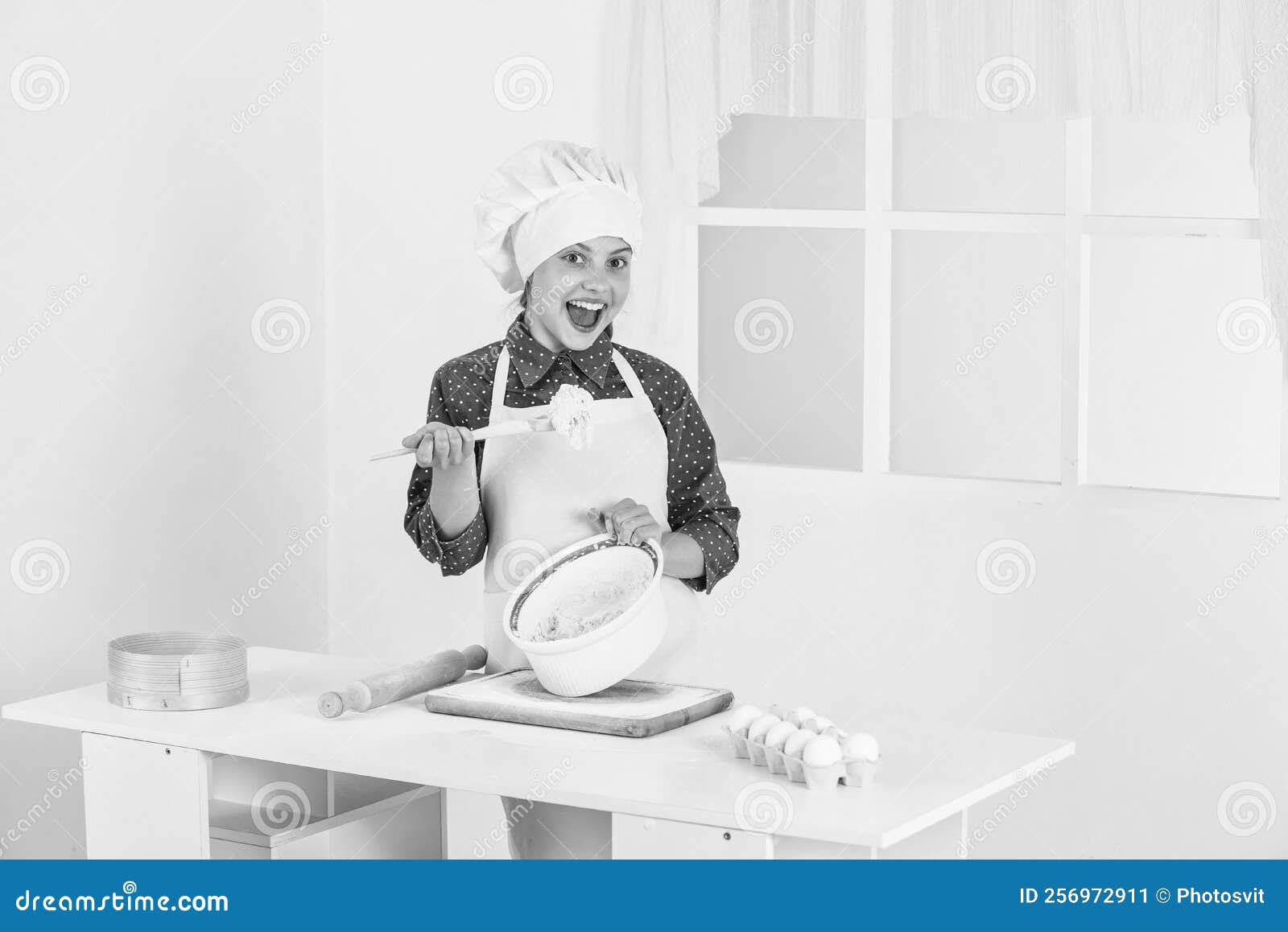 Happy Kid Girl in Cook Hat and Apron in Kitchen, Baker Stock Image ... Happy Kid Girl in Cook Hat and Apron in Kitchen, Baker Stock Image ...