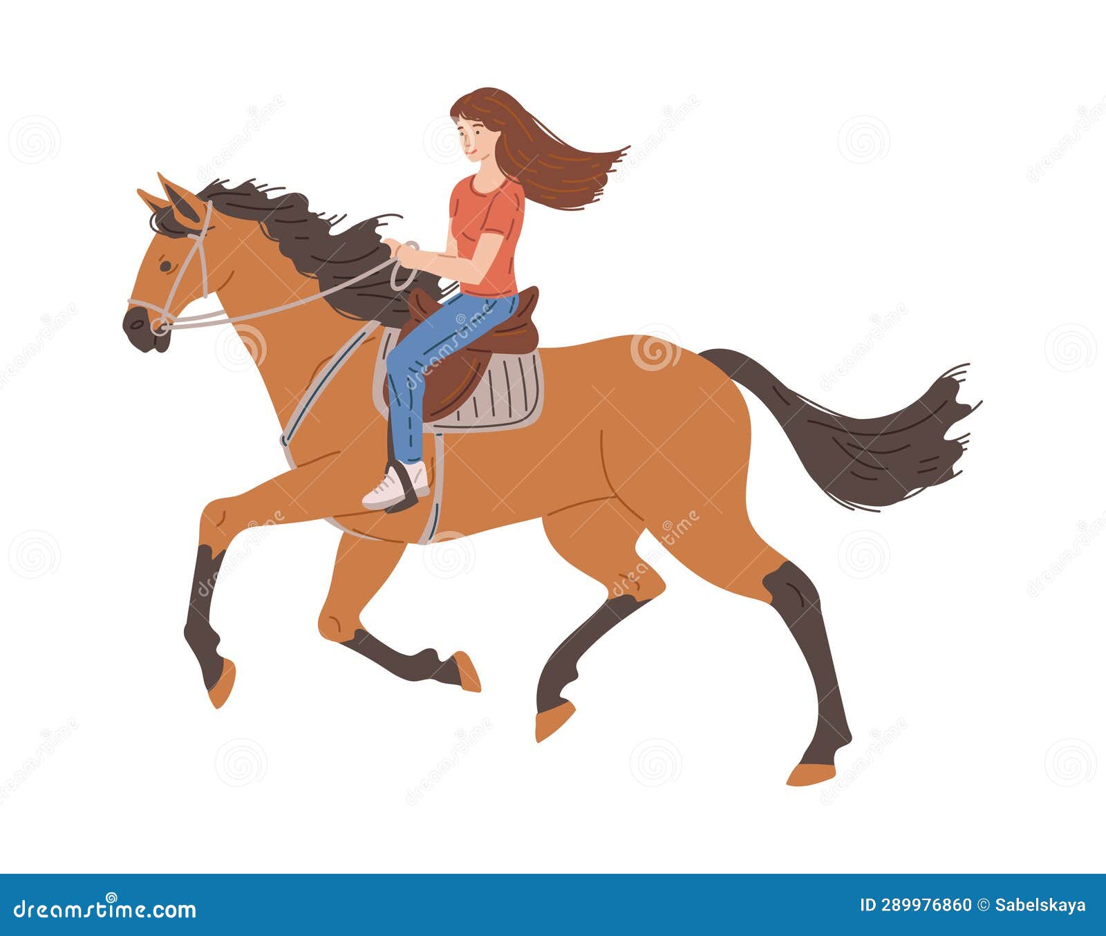 Happy Kid Girl Galloping in Saddle on Horseback Flat Style Stock Vector ...