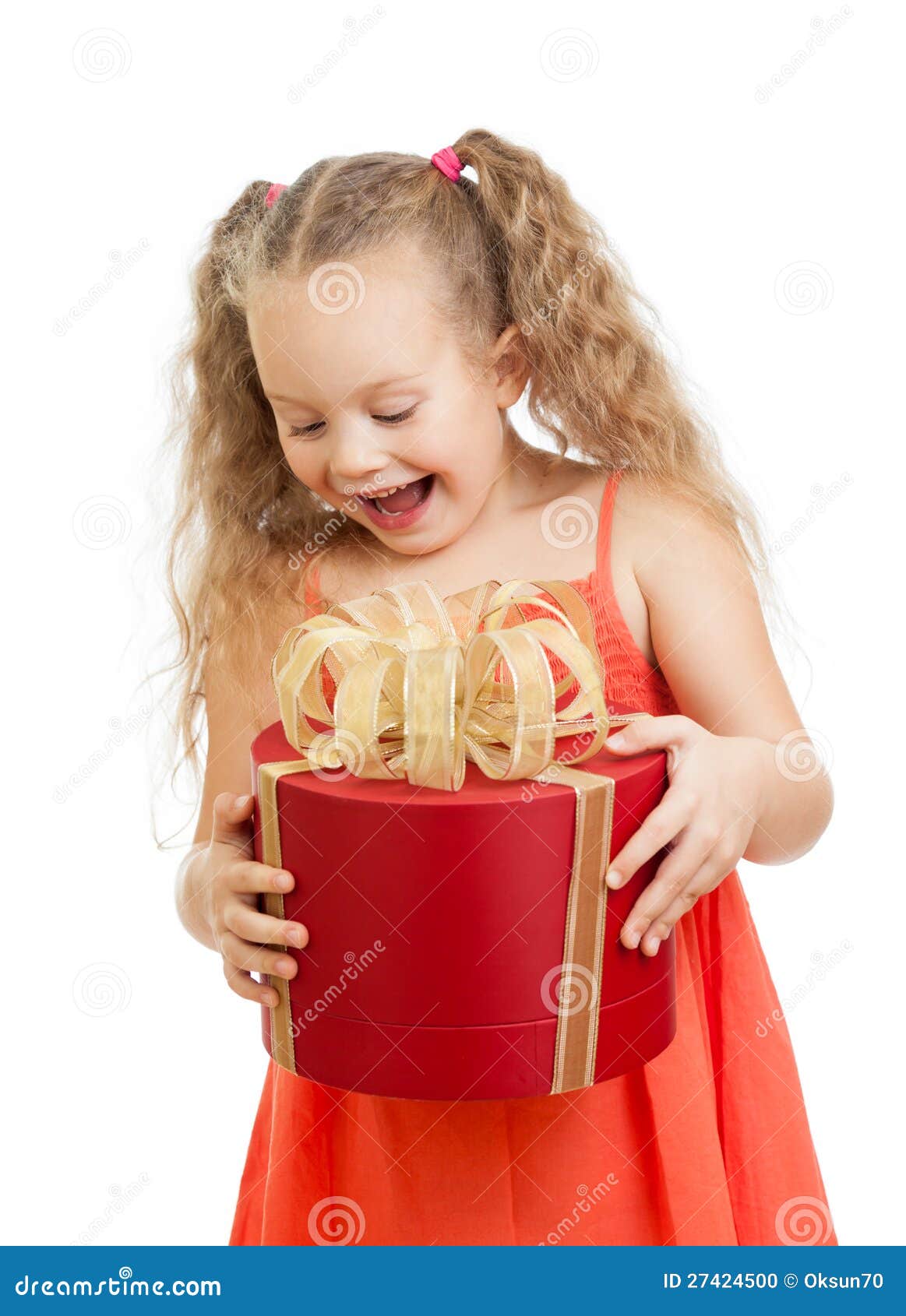 Happy Kid Girl Holding Red Gift Box Stock Photo - Image of holiday ...