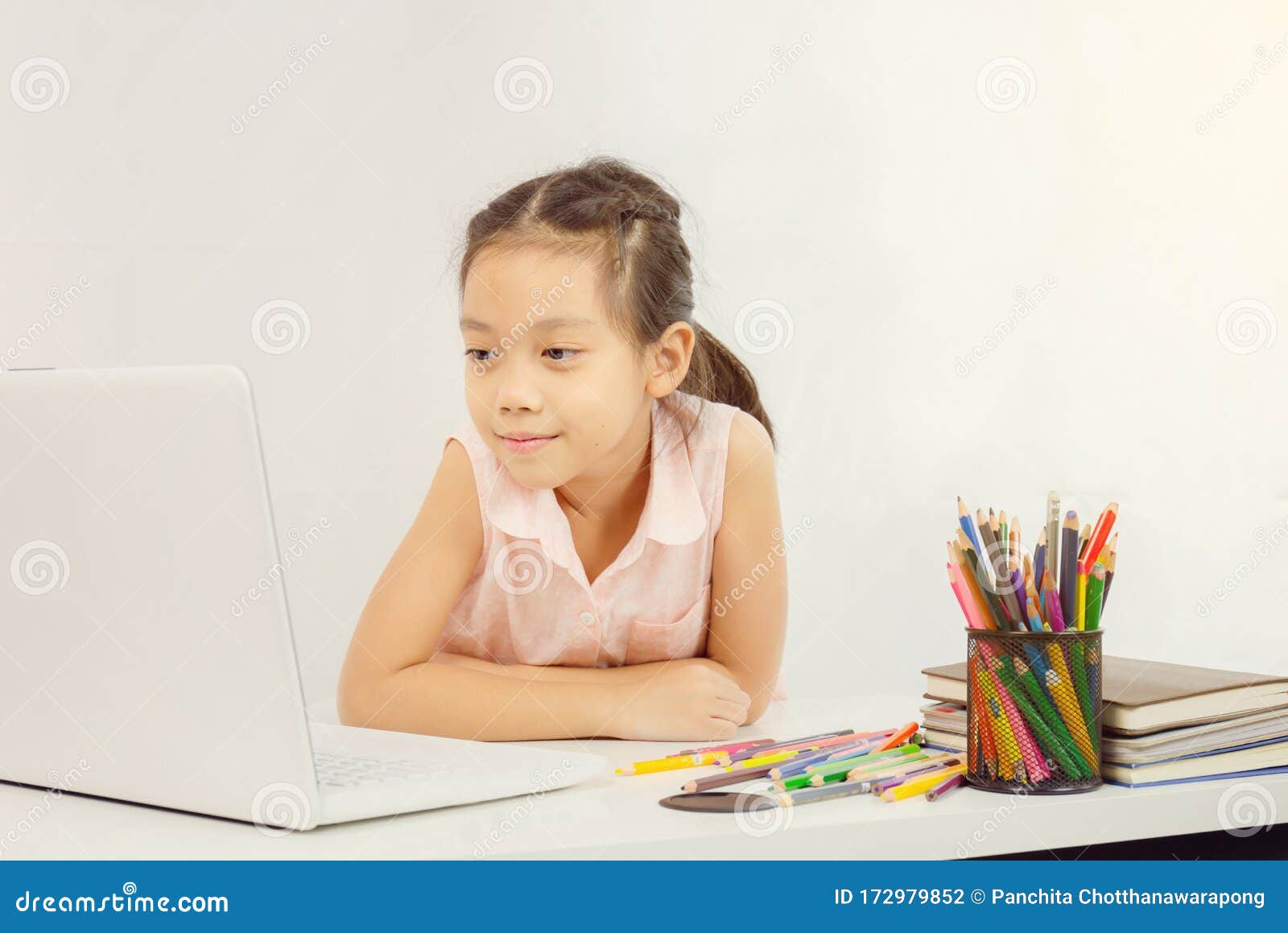Happy Kid Girl Looking Laptop Computer Stock Photo - Image of happy ...