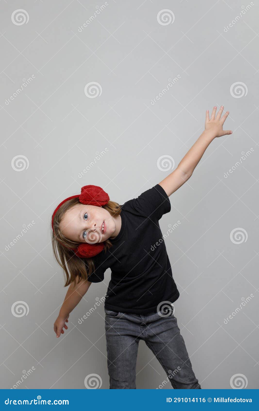 Happy Kid Girl Standing on Gray Background Stock Photo - Image of ...