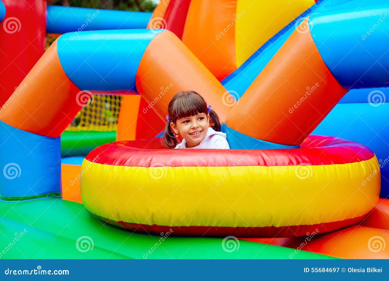 Happy Kid, Having Fun on Inflatable Attraction Playground Stock Image ...