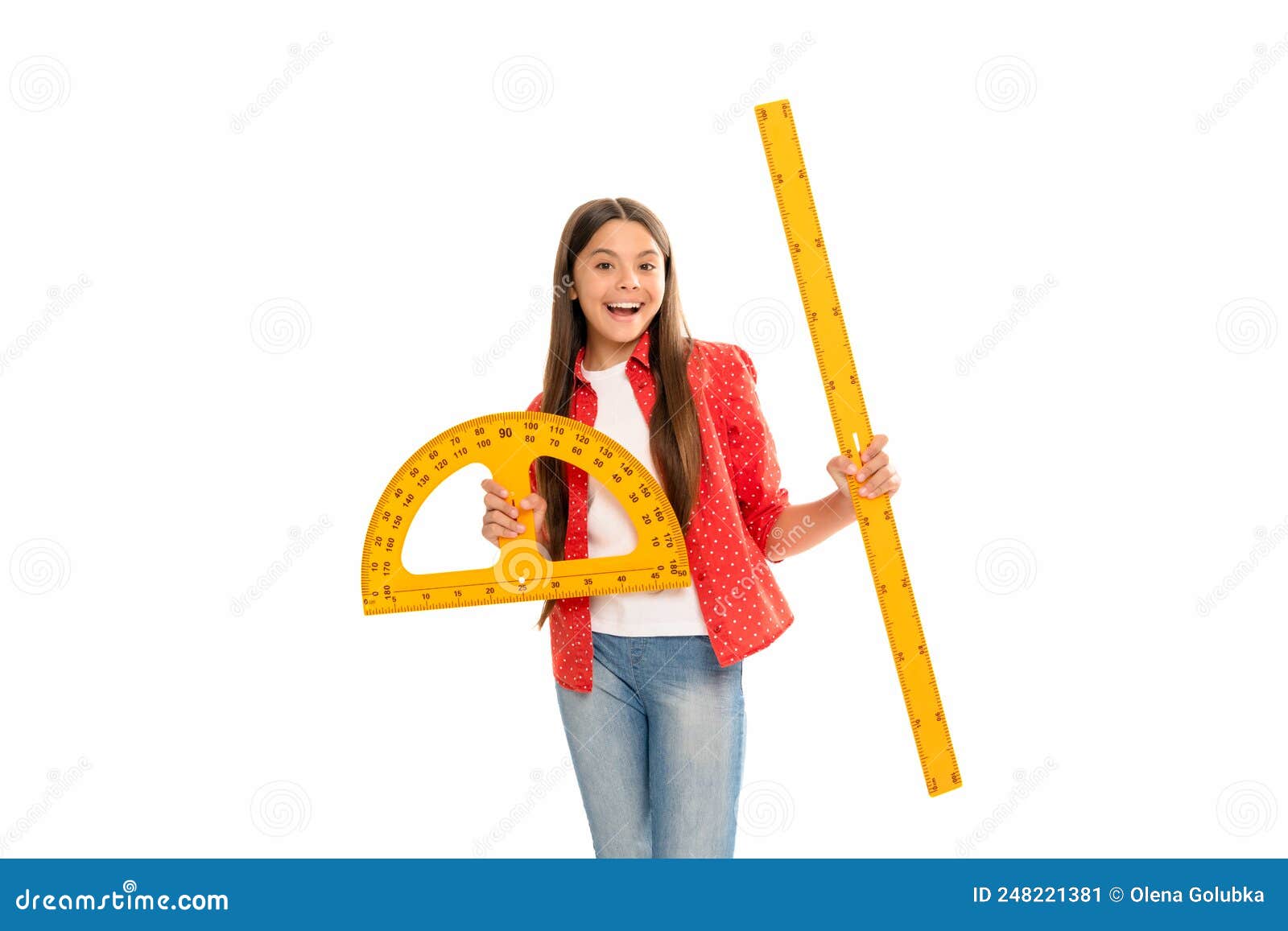 Happy Kid Hold Protractor Ruler Study Geometry at School on White ...