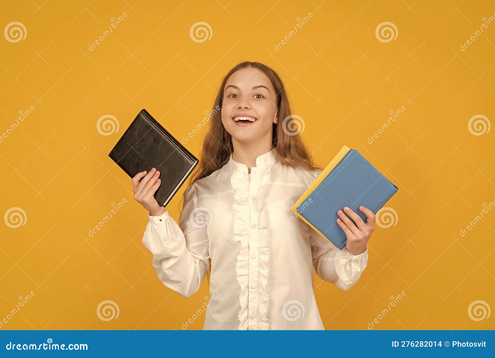 Happy Kid Holding School Homework on Yellow Background, Back To School ...