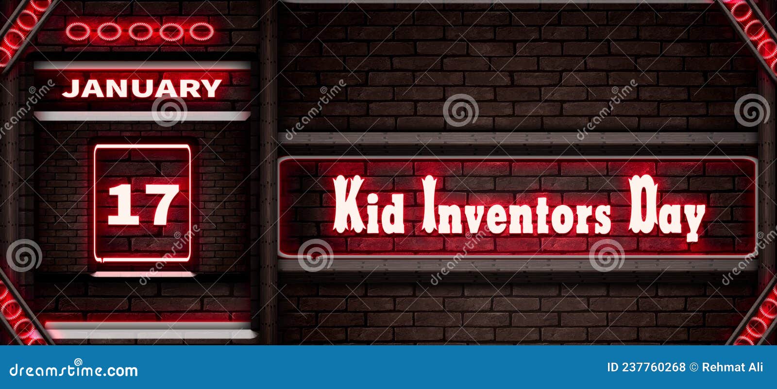 17 January, Kid Inventors Day, Neon Text Effect on Bricks Background ...