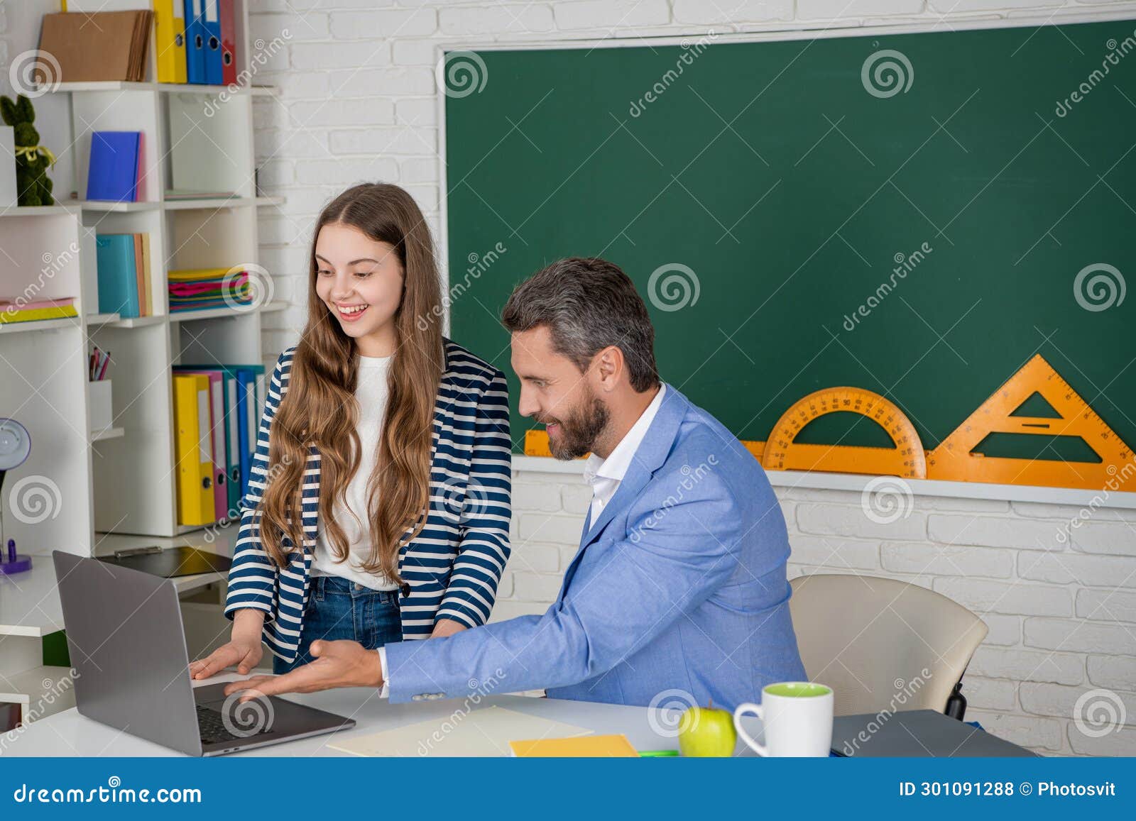 Happy Kid with Man Teacher in Classroom. Education Stock Photo - Image ...