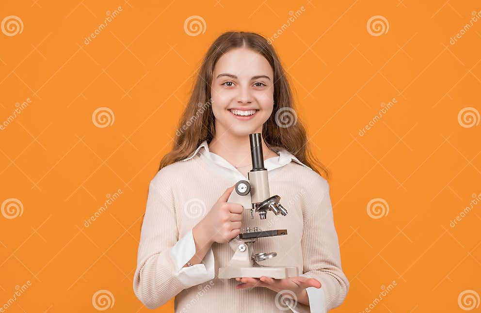 Happy Kid with Microscope on Yellow Background Stock Photo - Image of ...
