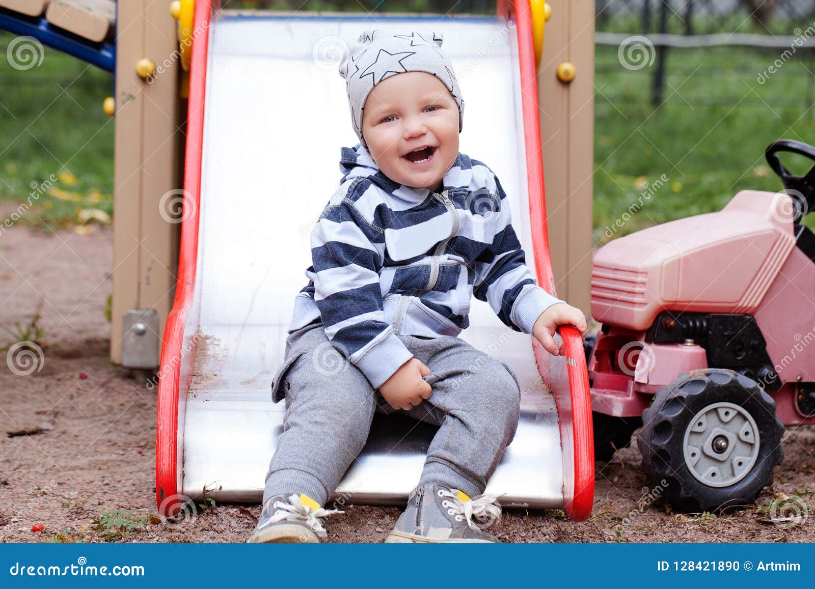 Happy Kid in Playground Outdoors Stock Photo - Image of parental ...