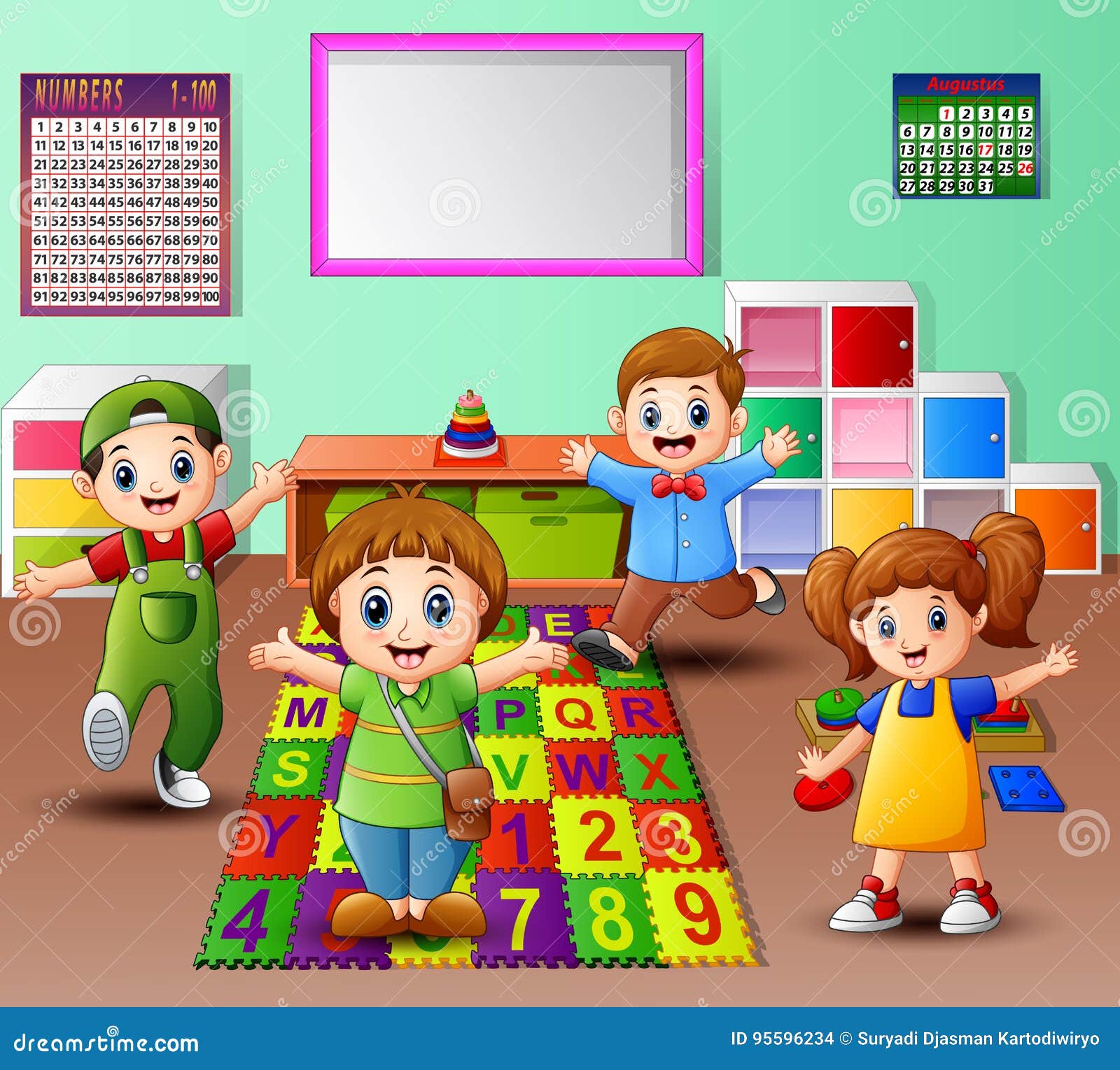 Cartoon Kids Playing In Classroom