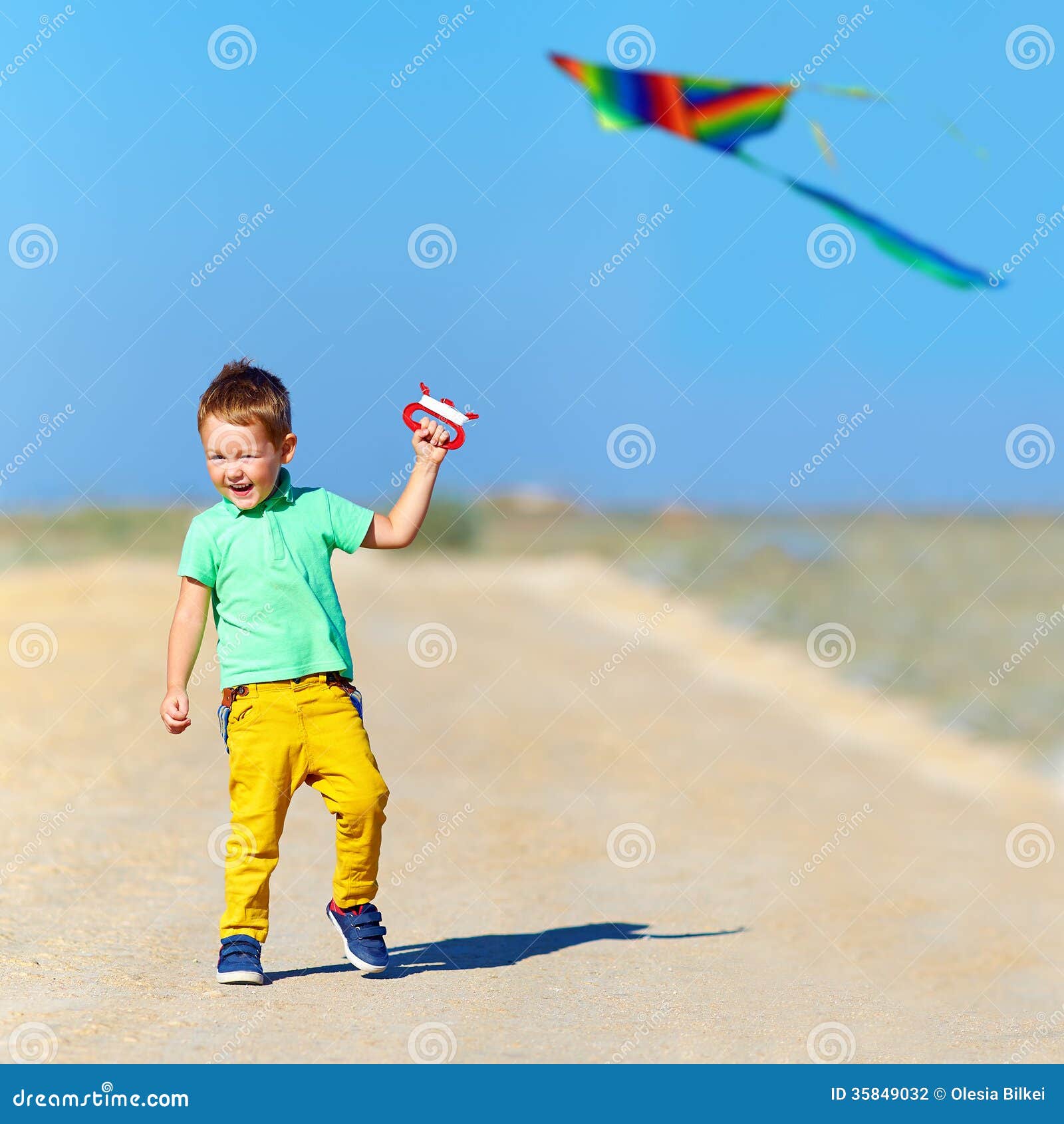 Happy Kid Playing with Kite on Summer Field Stock Photo - Image of ...