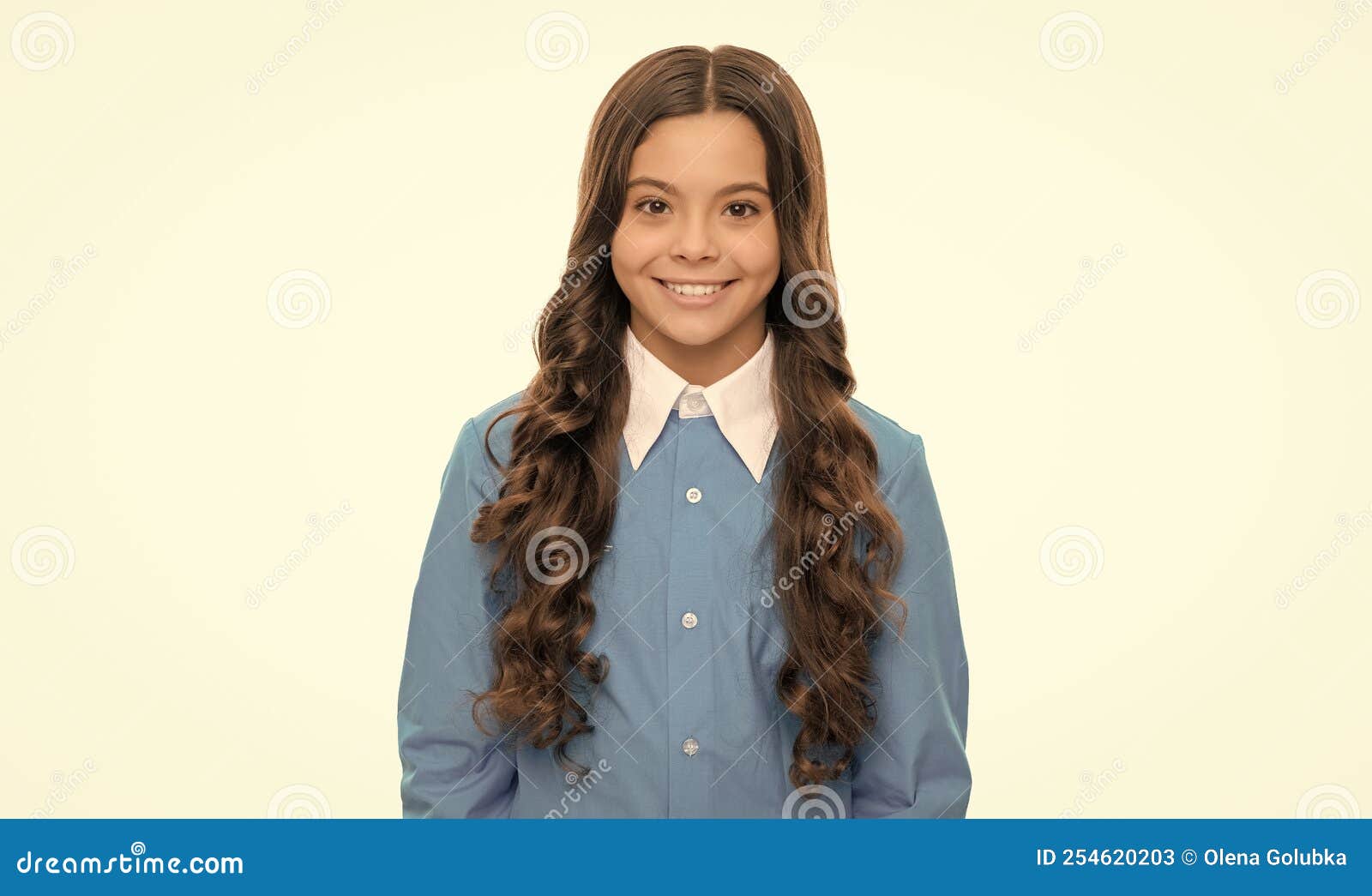Happy Kid Portrait Has Long Curly Hair Isolated on White, Haircare ... Happy Kid Portrait Has Long Curly Hair Isolated on White, Haircare ...