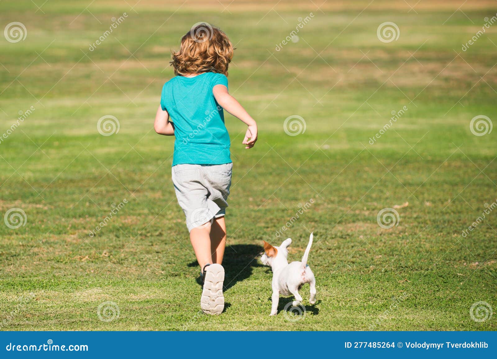 Happy Kid Run with a Dog Outdoor. Stock Photo - Image of outdoor ...