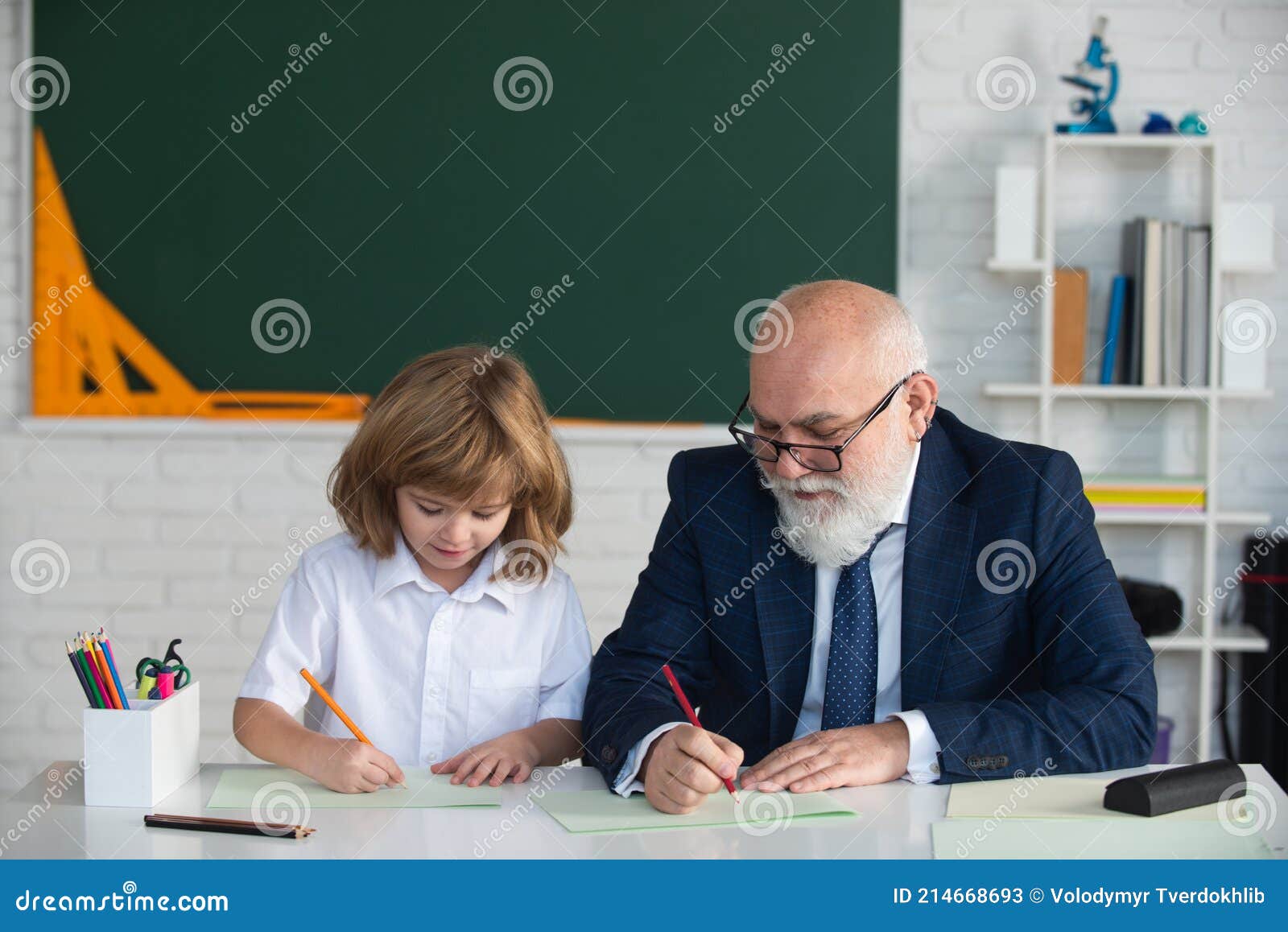 Teacher Help Schoolgirl. Little Girl With Man Tutor Study Science ...