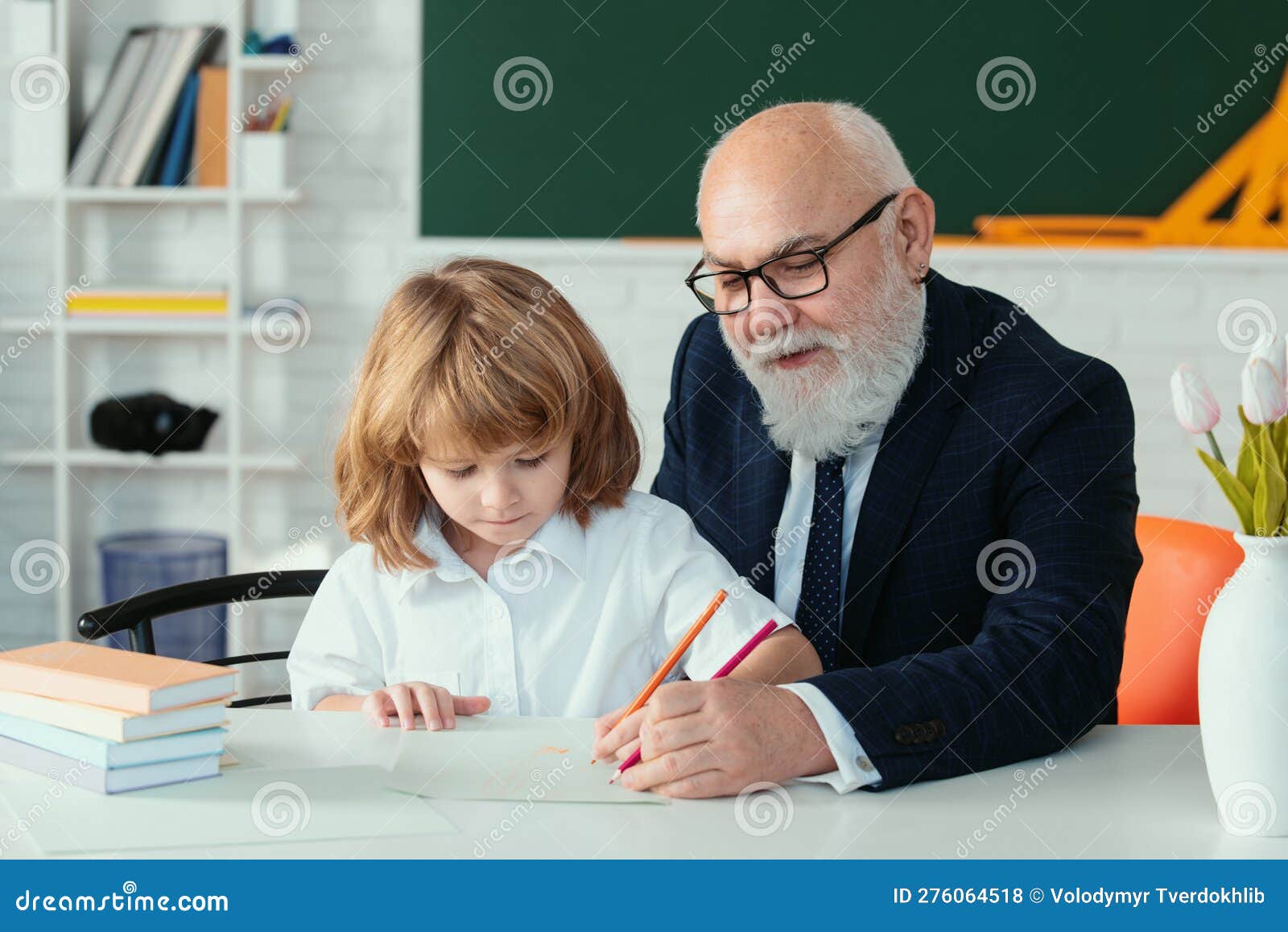 Teacher Help Schoolgirl. Back To School. School Lesson. Little Girl ...