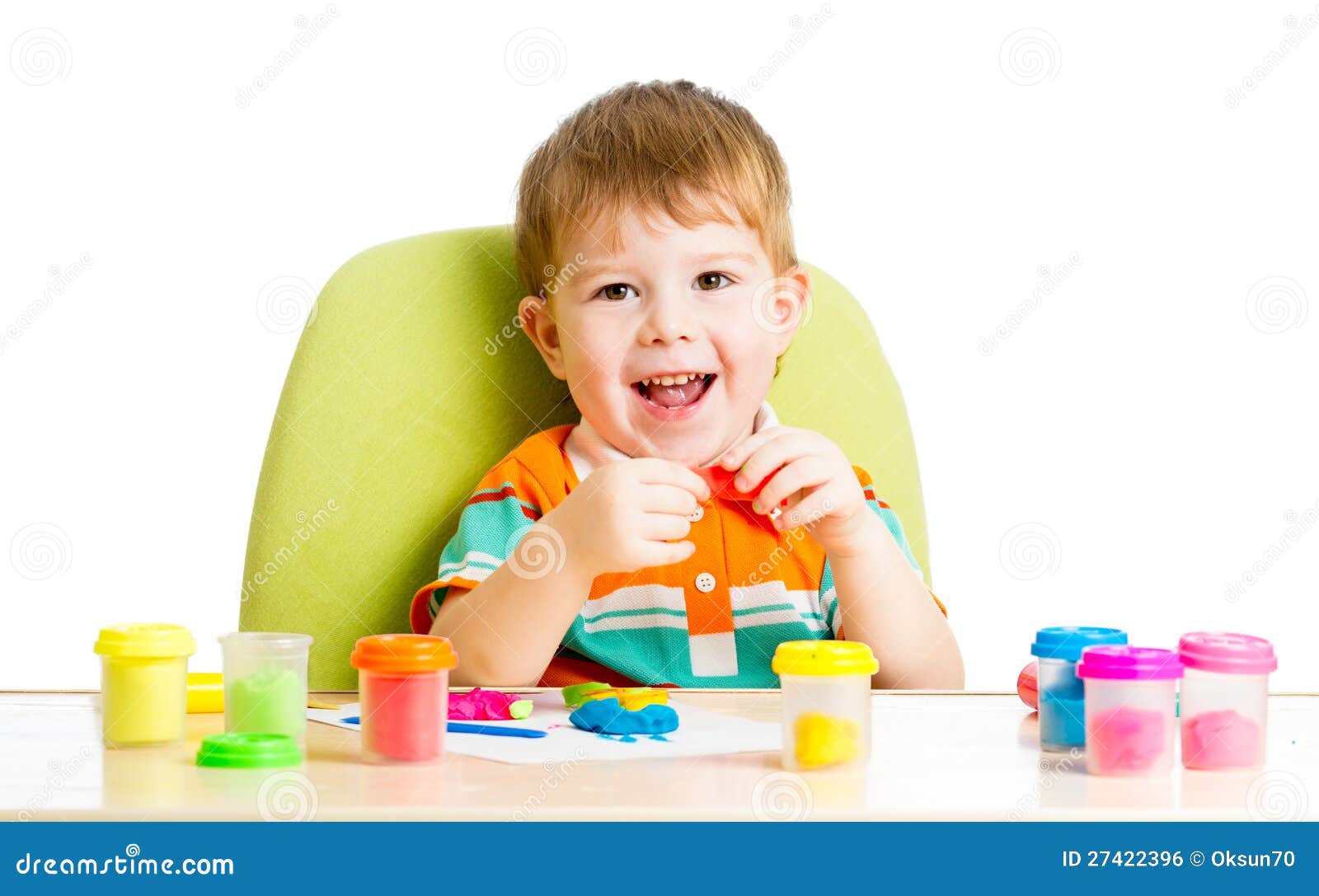 Happy Kid Sitting at Table Playing with Clay Stock Photo - Image of ...