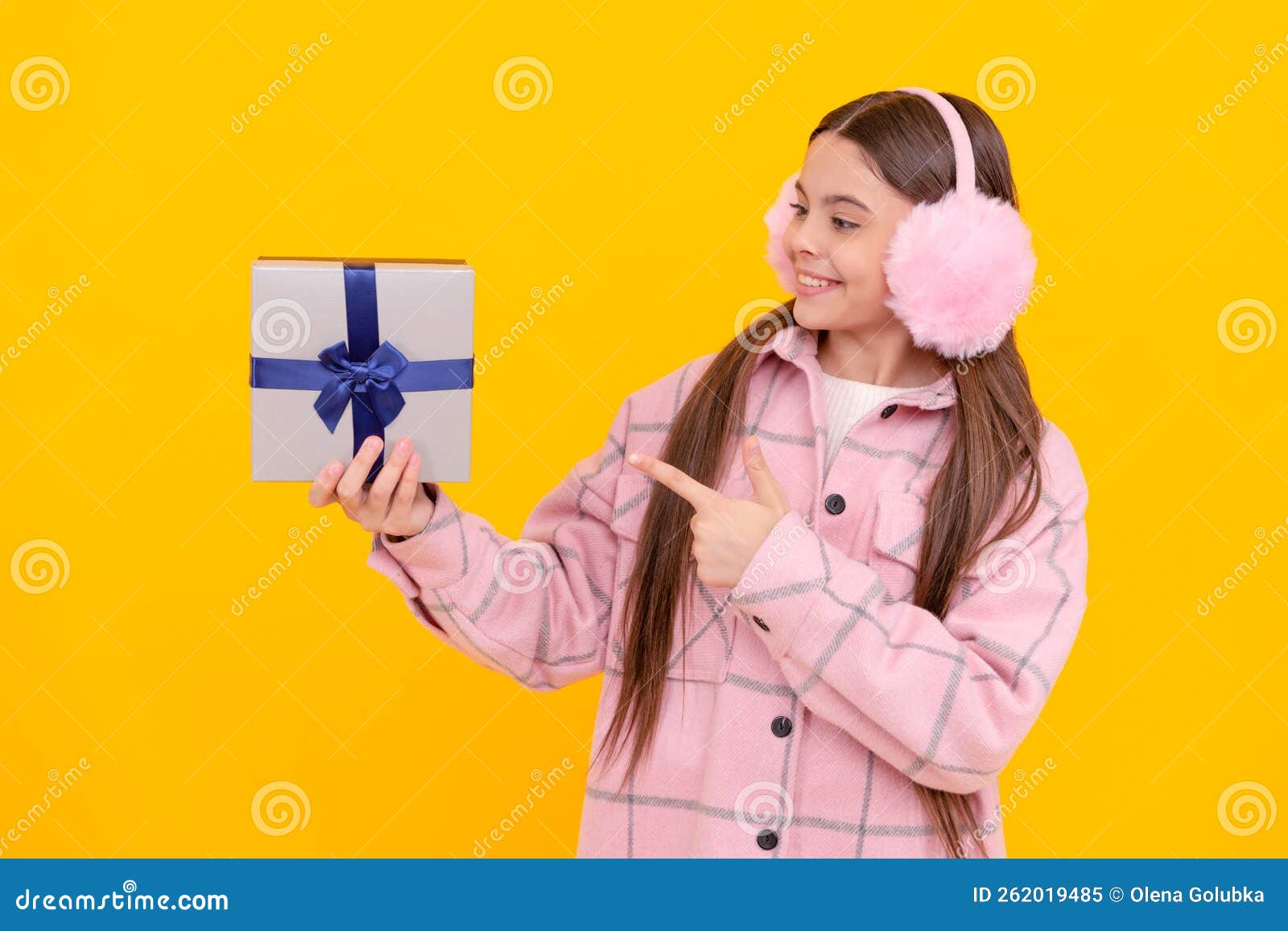 Happy Kid Smile Pointing Finger at Present Box Yellow Background, Gift ...