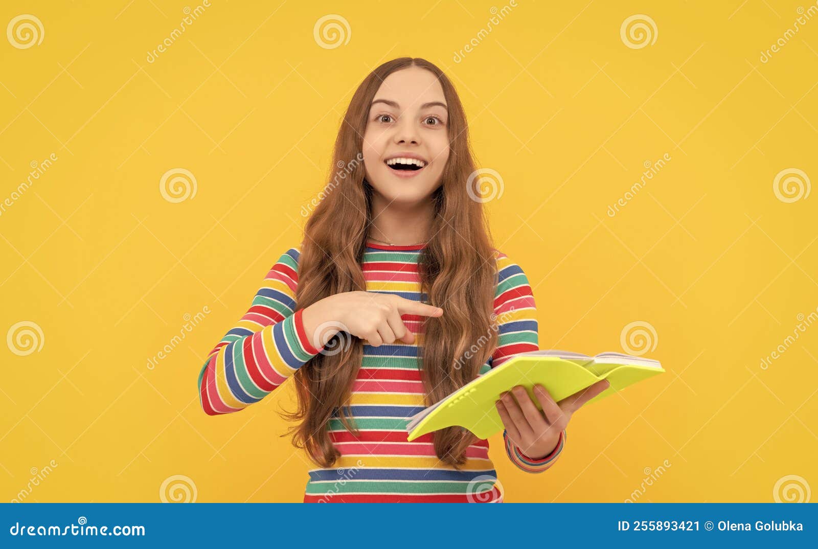 Happy Kid Smile Pointing Finger at School Book Yellow Background, Study ...