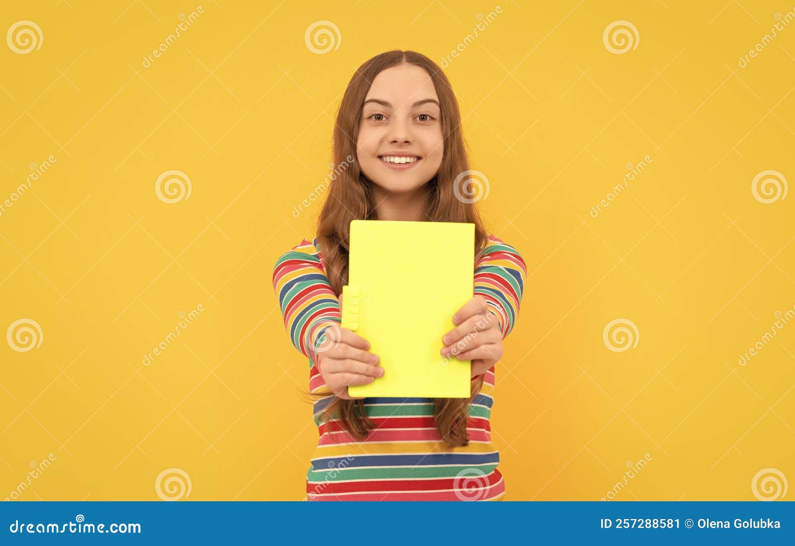 Happy Kid Smile Showing School Book for Copy Space Yellow Background ...
