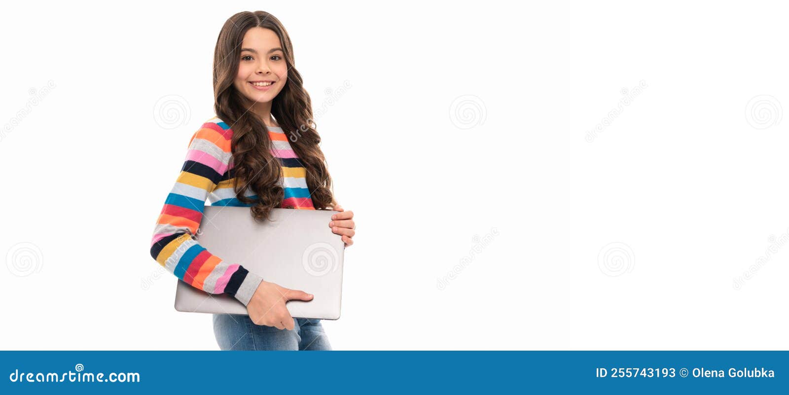 Happy Kid Study Online Education on Computer on White. School Girl ...