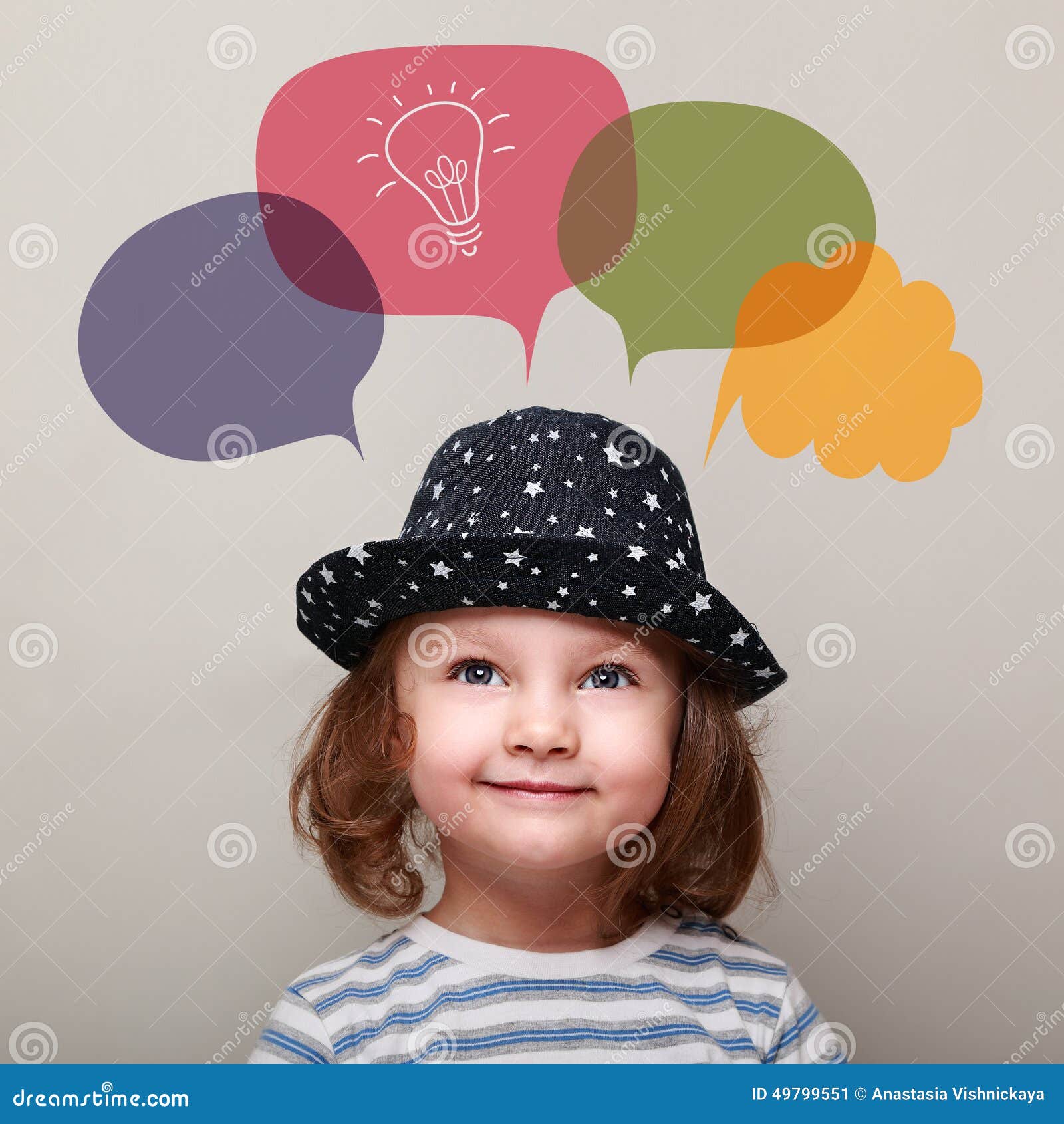 Happy Kid Thinking And Looking Up On Idea Bulb In Bubble Stock Image ...