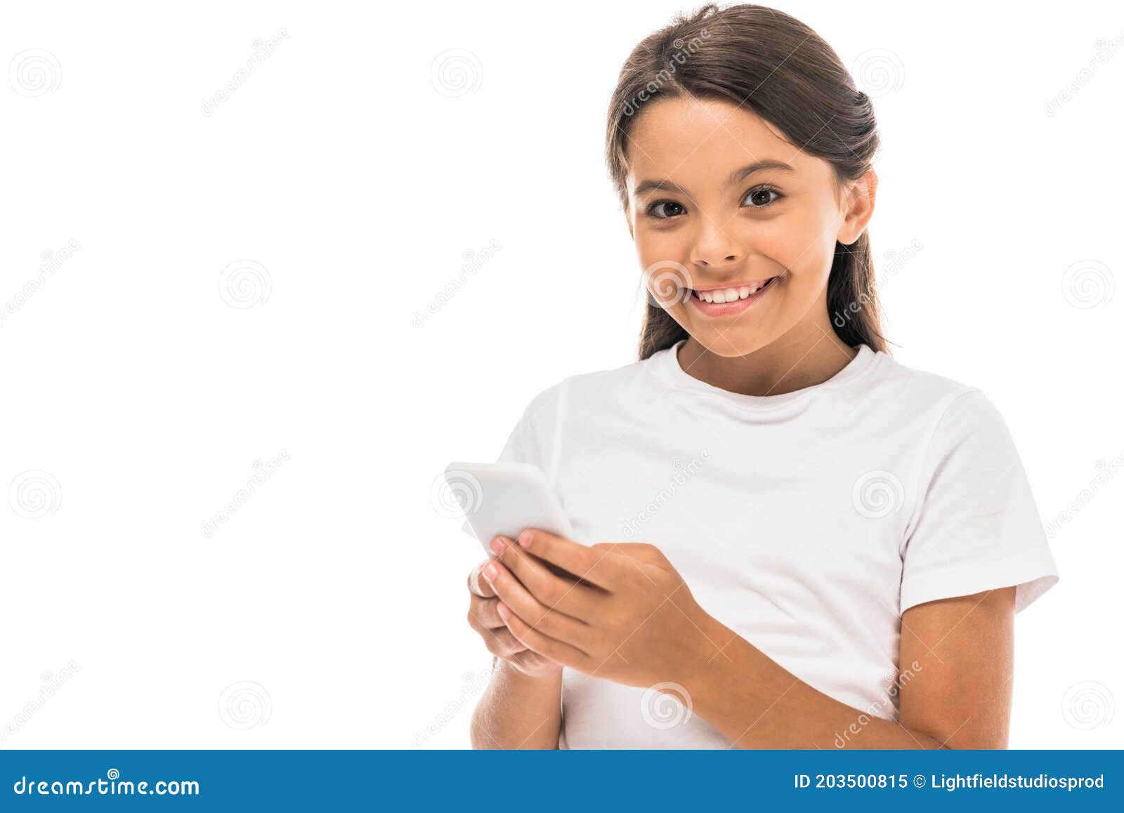 Happy Kid Using Smartphone Isolated on Stock Image - Image of smile ...