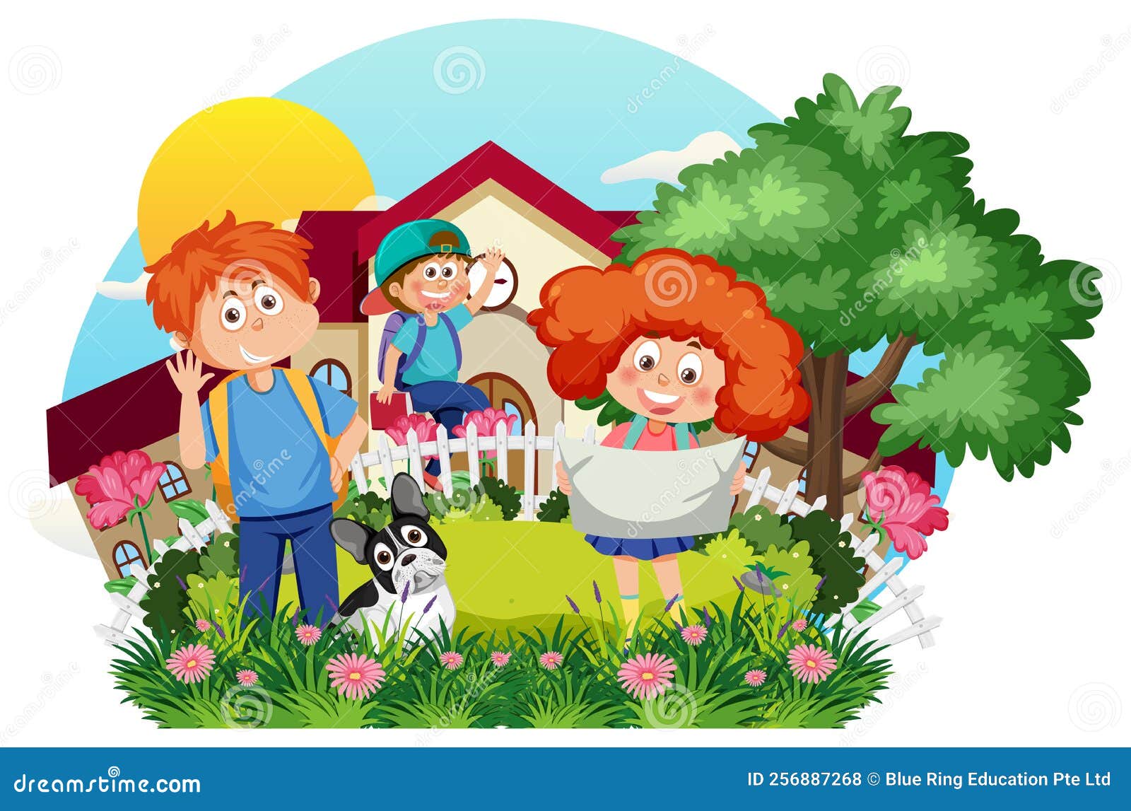 Happy kids at backyard stock vector. Illustration of elementary - 256887268
