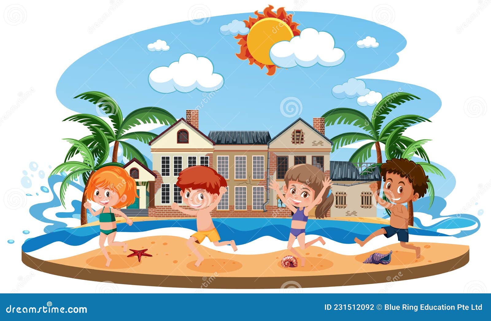 Happy kids at the beach stock vector. Illustration of enjoyment - 231512092