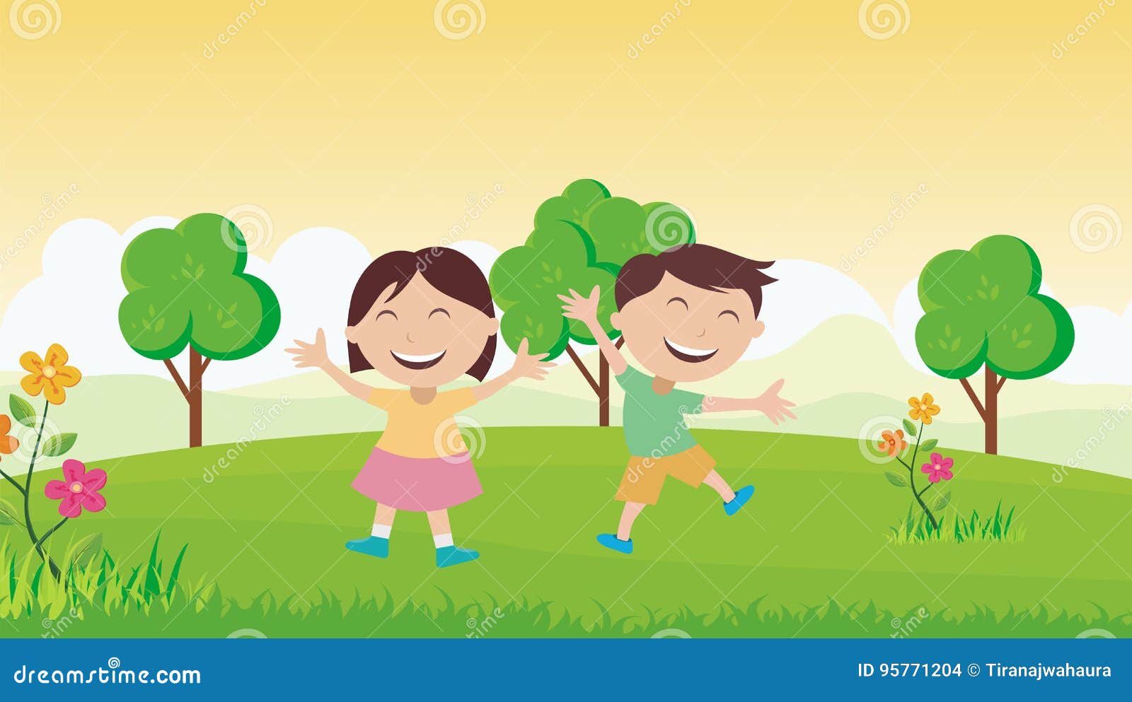 Happy Kids with Beautiful Landscape Stock Vector - Illustration of ...