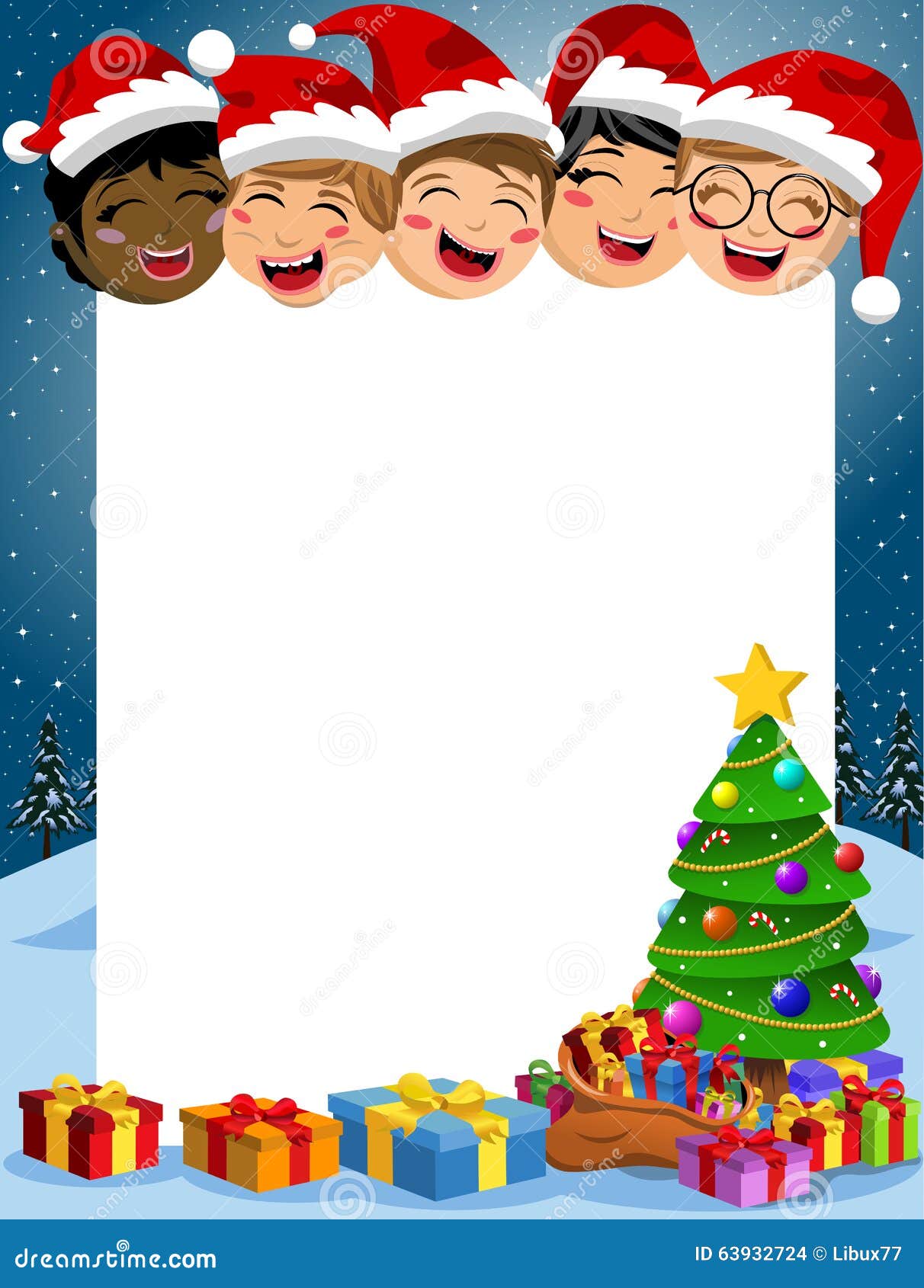 Happy Kids Blank Vertical Frame Xmas Tree Stock Vector - Illustration ...