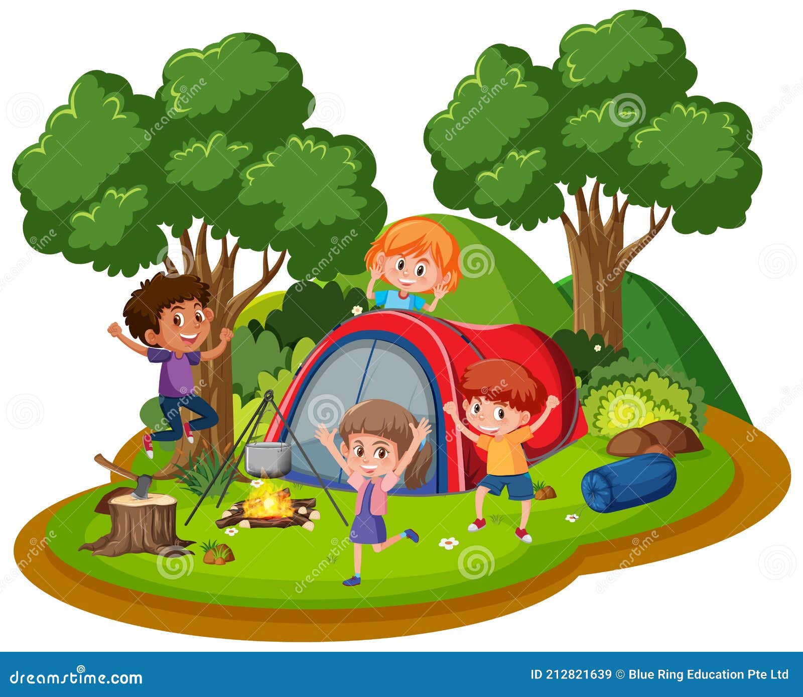 Kids Camping Cartoon Vector Illustration. Set Of Kids Camp Elements And ...