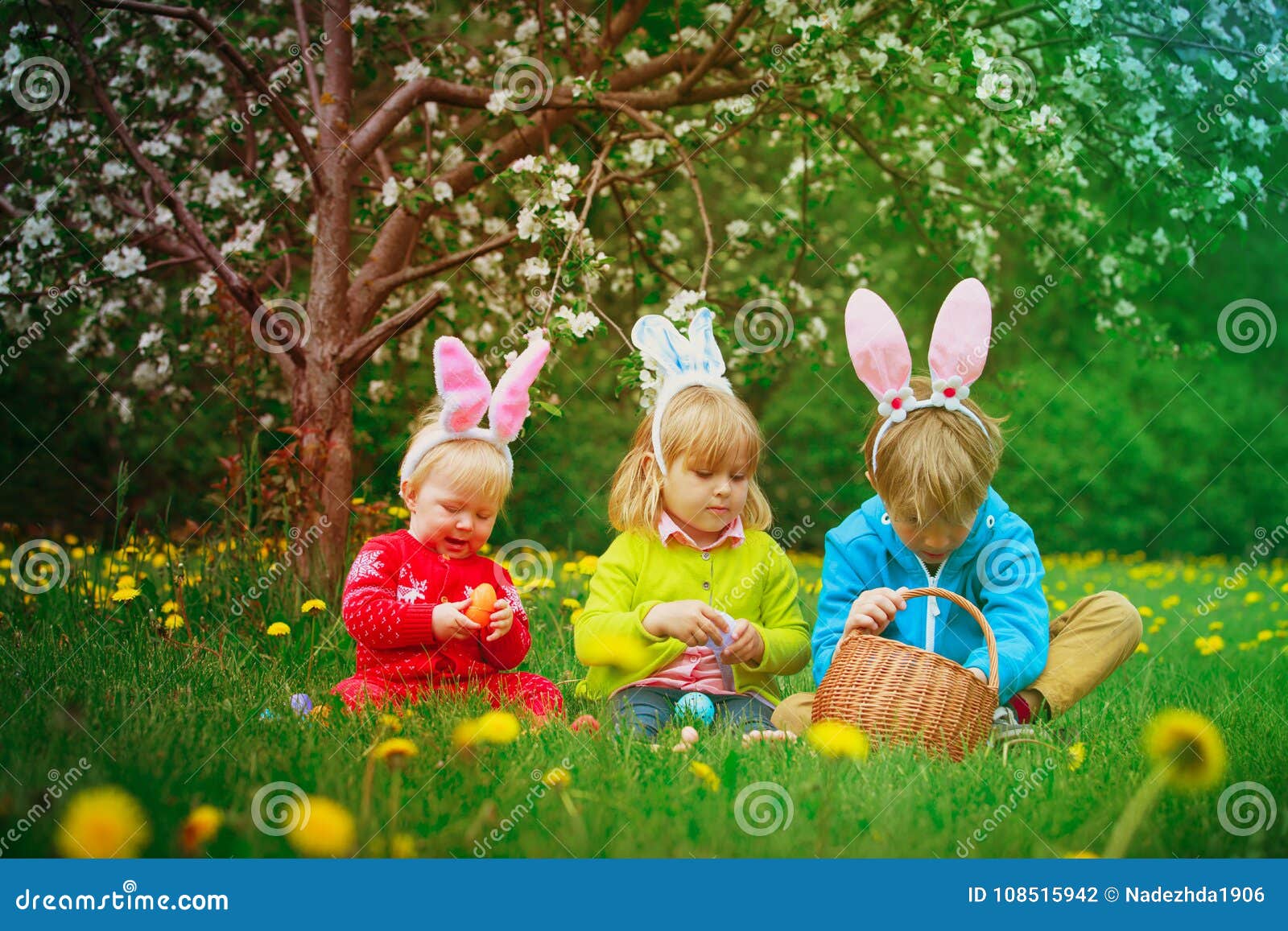 Happy Kids on Easter Eggs Hunt in Spring Stock Photo - Image of ...