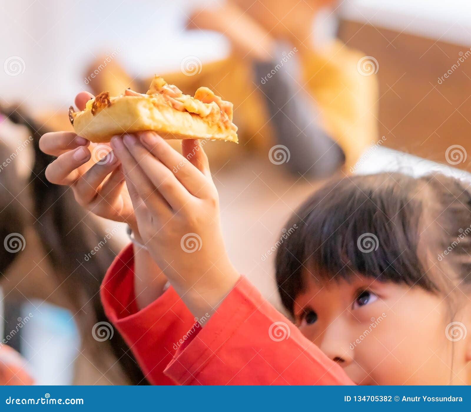 Happy Kids Eating Delivery Pizza in Classroom Stock Photo - Image of ...
