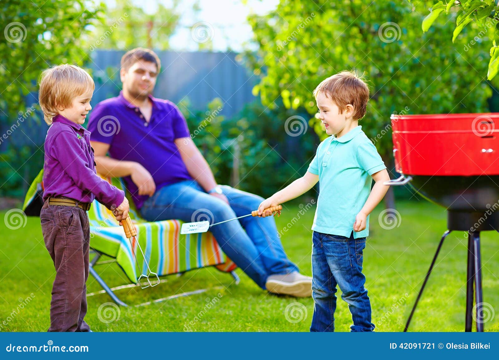 Happy Kids Fighting with Kitchen Items on Picnic Stock Image - Image of ...