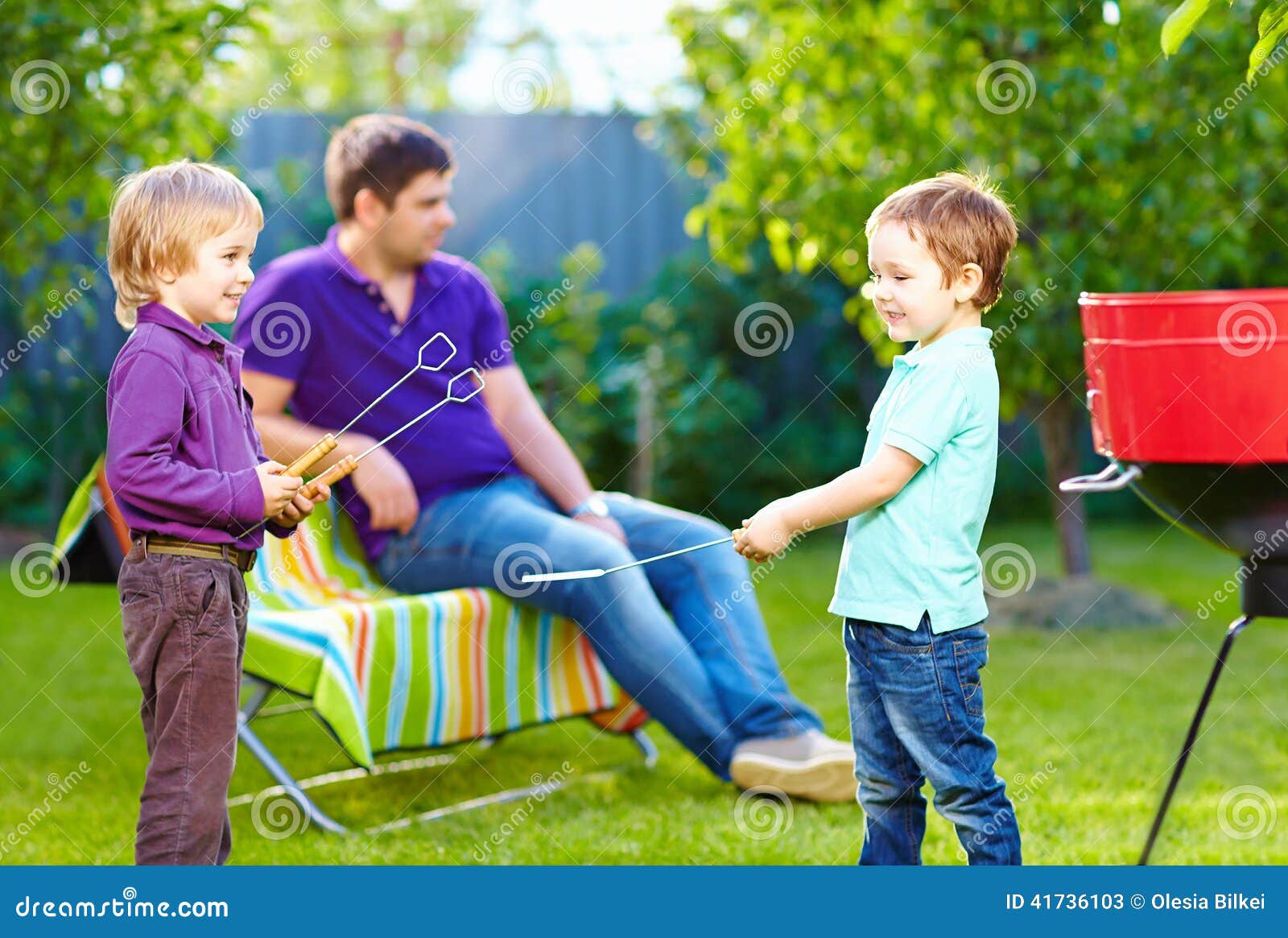 Happy Kids Fighting with Kitchen Items on Picnic Stock Image - Image of ...