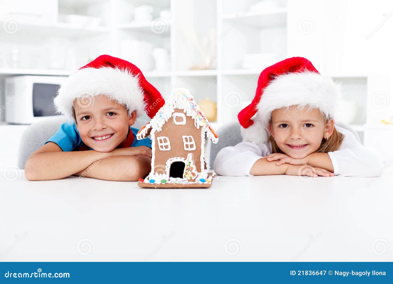 Happy Kids with Gingerbread House at Christmas Stock Image - Image of ...