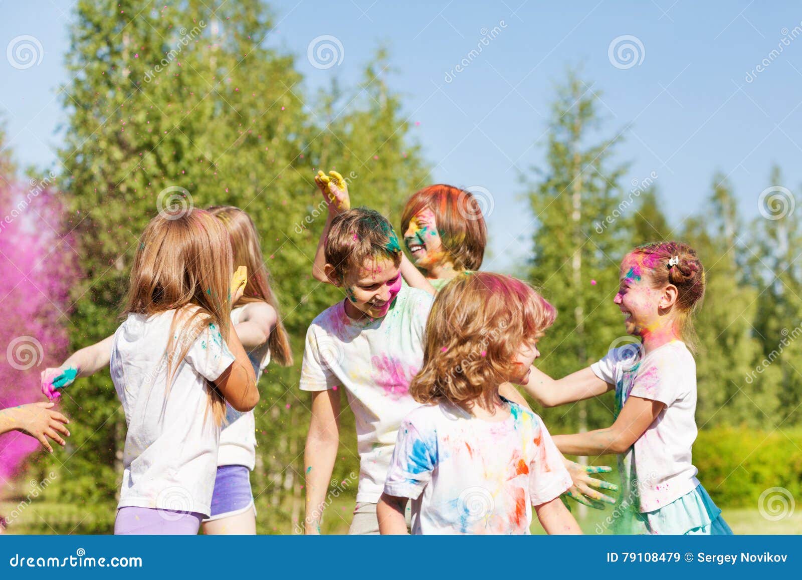 Happy Kids Having Fun with Colored Powder Outside Stock Image - Image ...