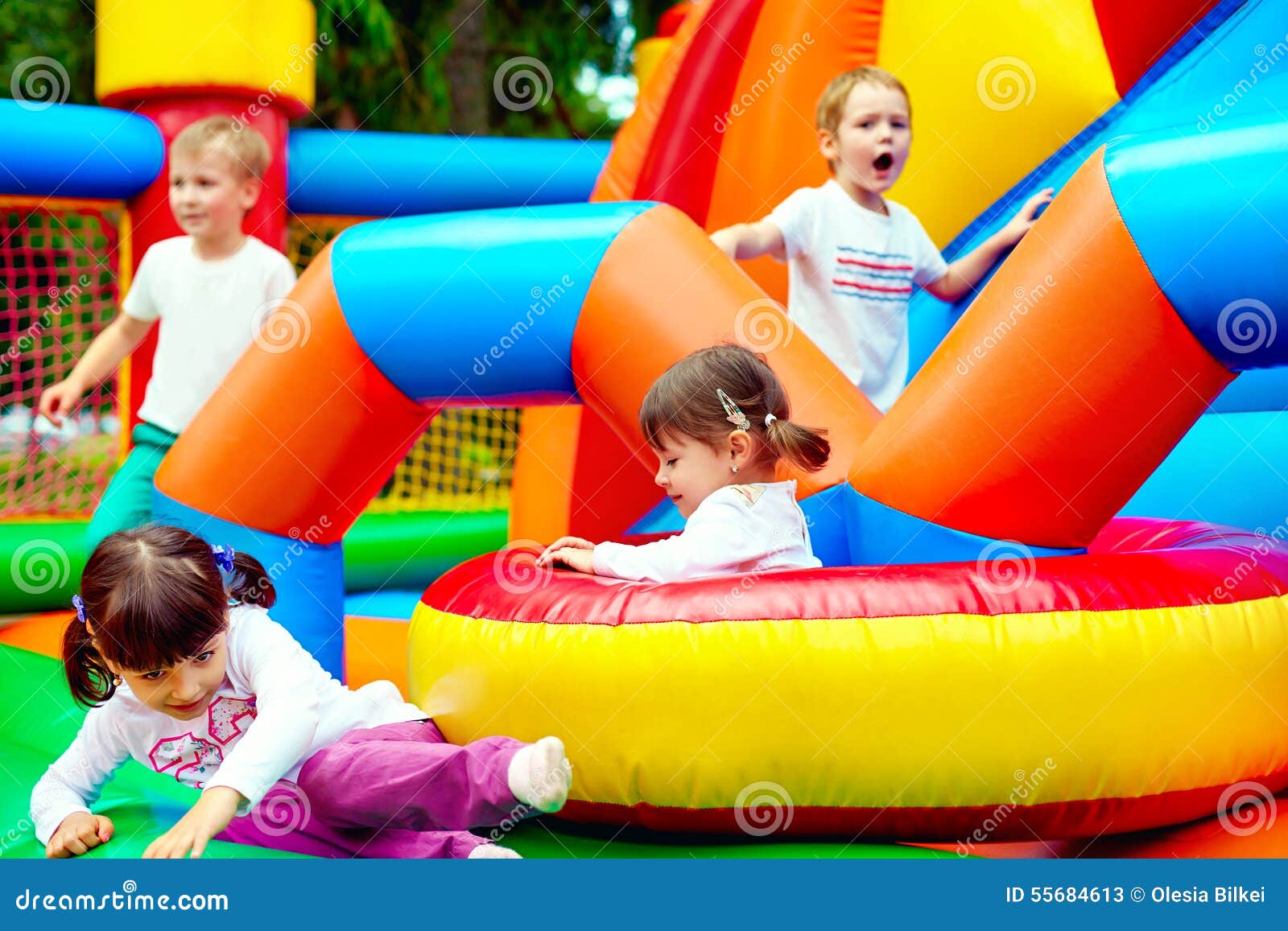 Happy Kids, Having Fun on Inflatable Attraction Playground Stock Image ...