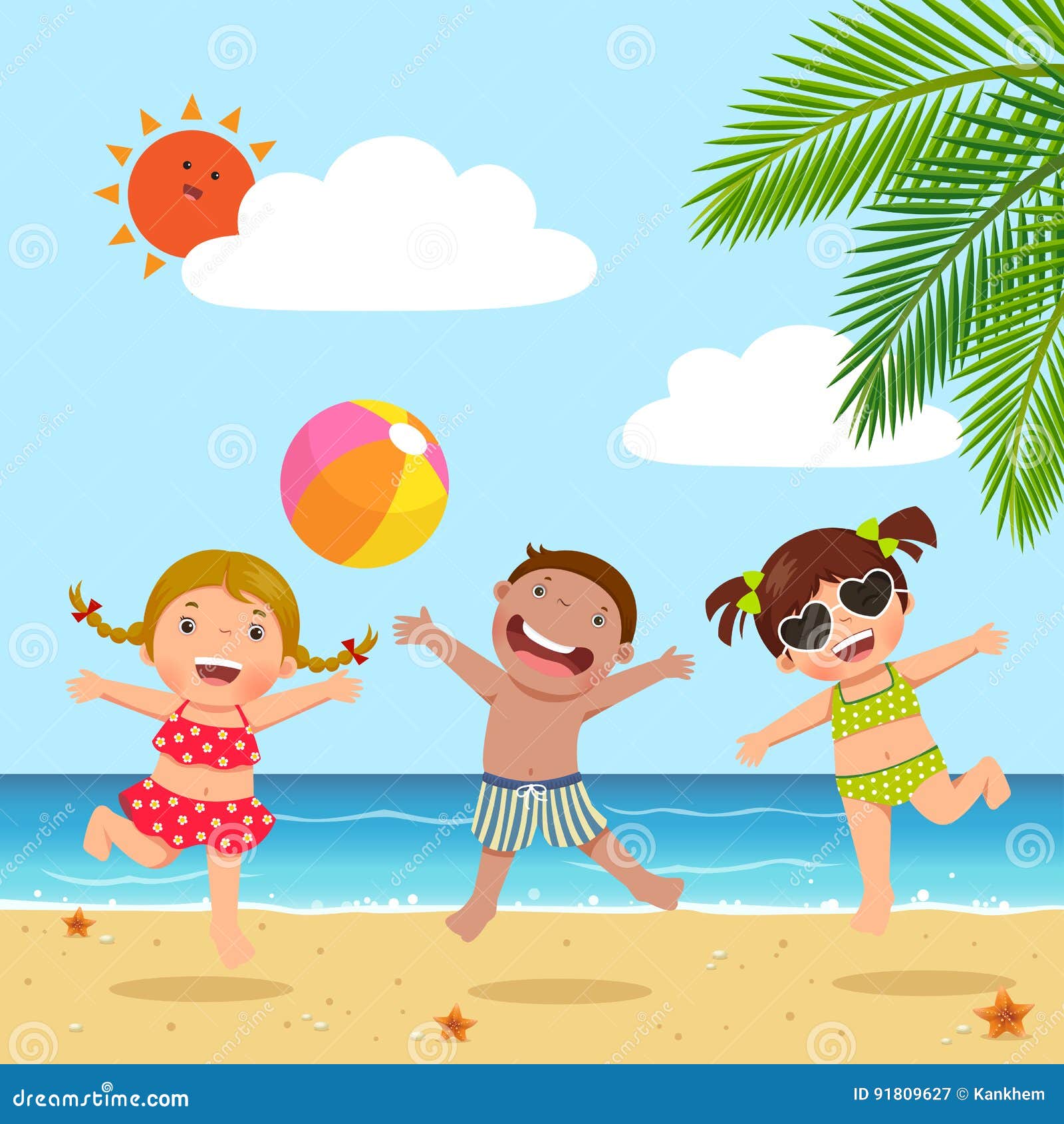 Happy Kids Jumping on the Beach Stock Vector - Illustration of girl ...