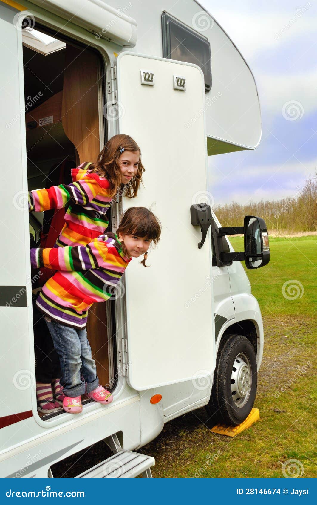 Happy Kids Near Camper (RV) Having Fun Stock Photo - Image of girl ...