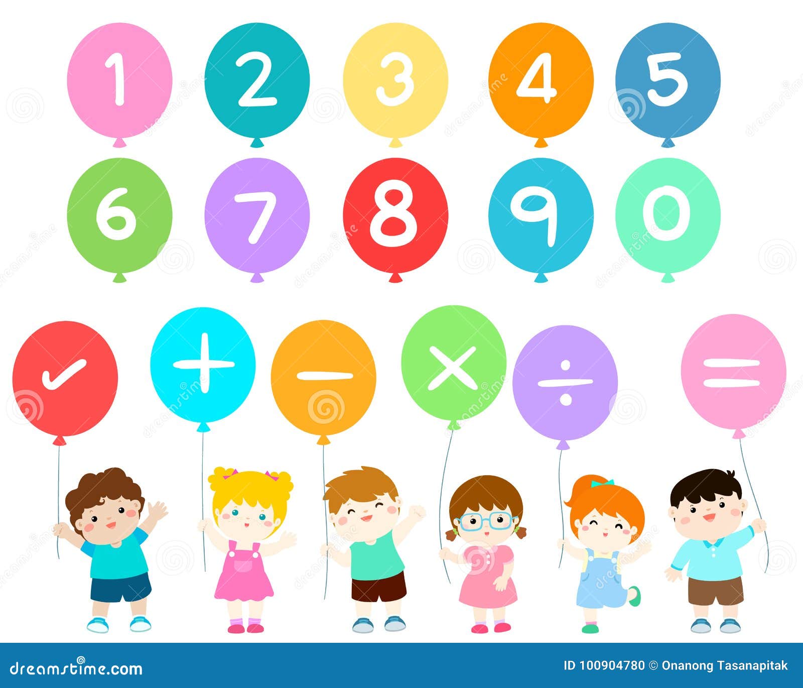 Happy Kids with Numbers Balloons . Stock Vector - Illustration of minus ...